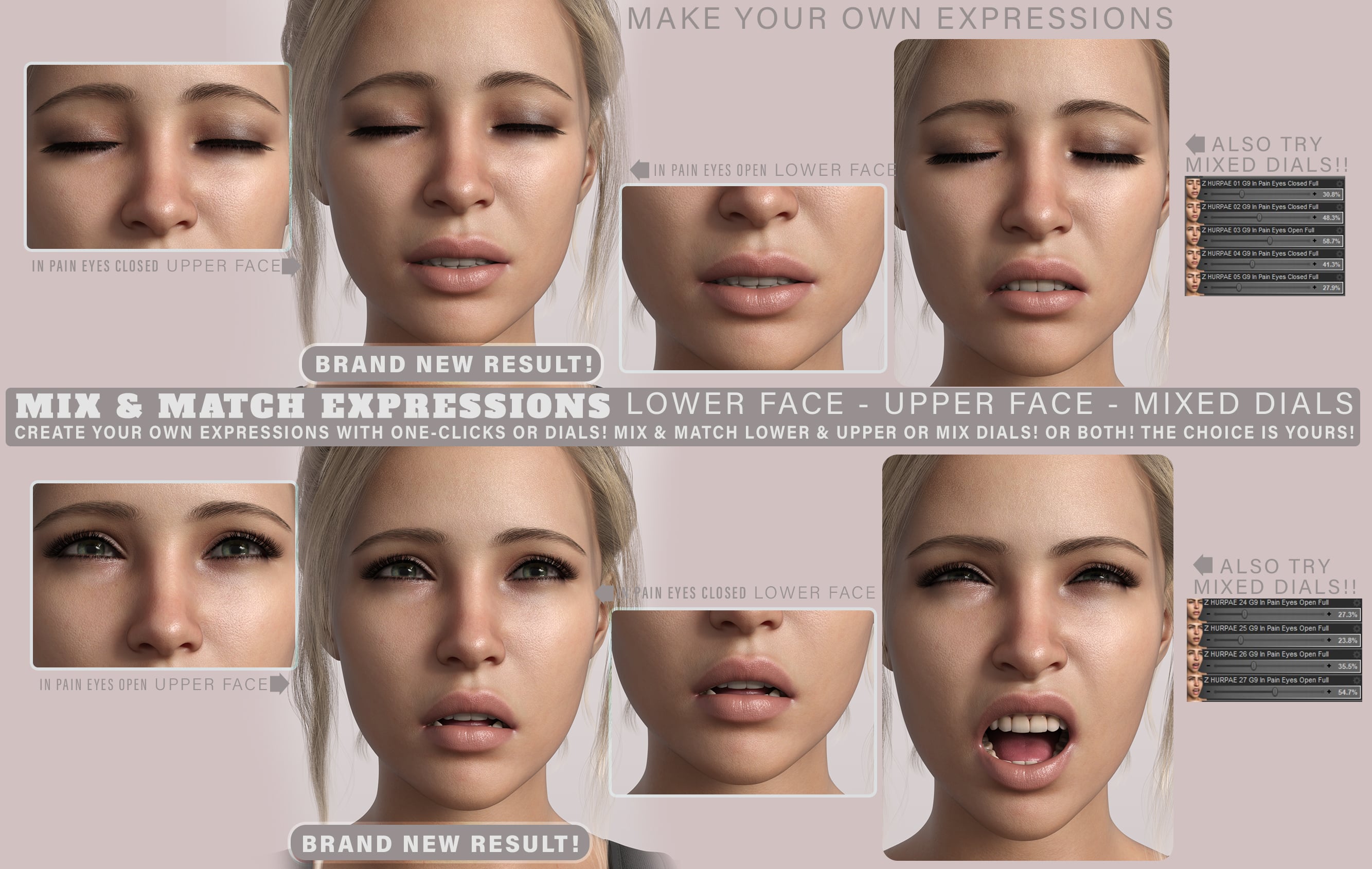 Z Hurt and Pained Mix and Match Expressions for Genesis 9 | Daz 3D