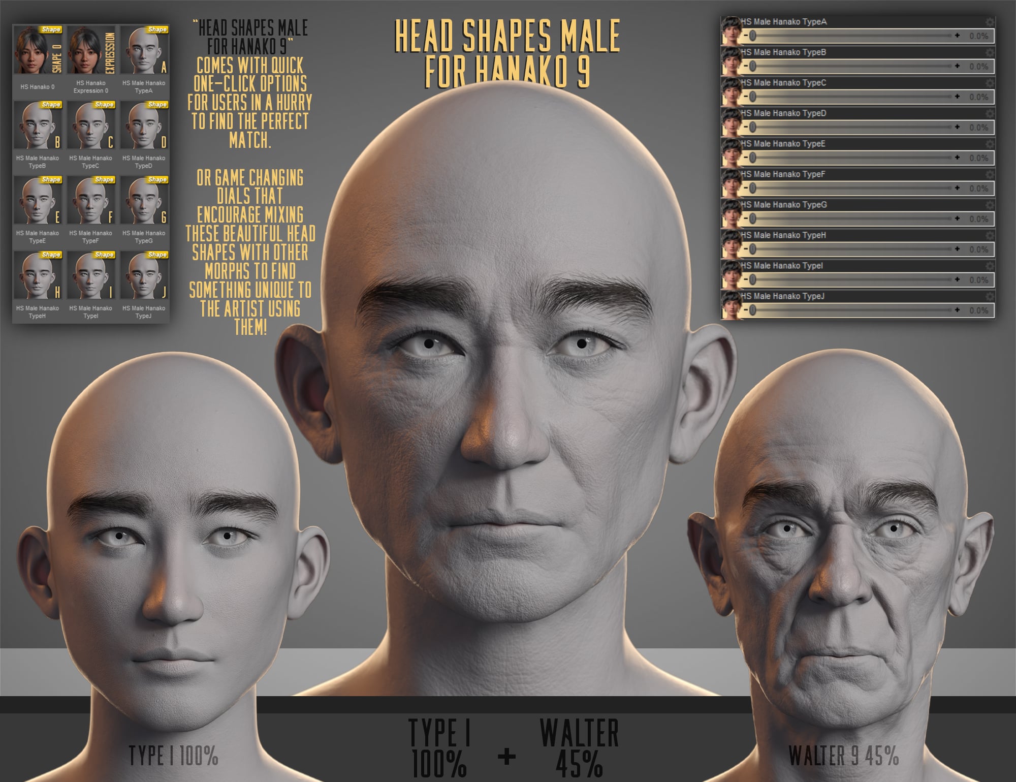 Head Shapes Male for Hanako 9 | Daz 3D