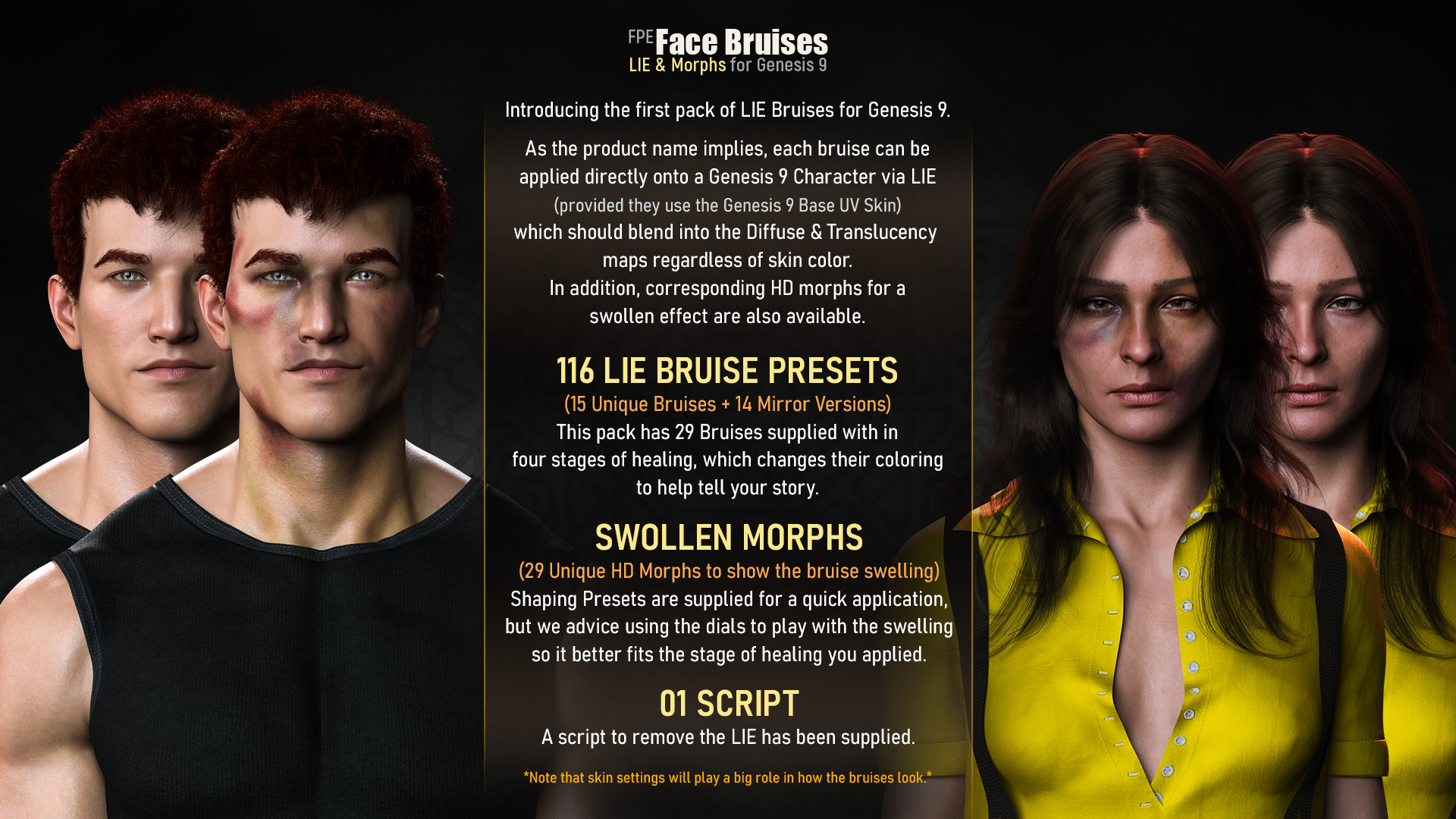 FPE Face Bruises LIE and Morphs for Genesis 9 | Daz 3D FPE Face Bruises LIE and Morphs for Genesis 9 | Daz 3D