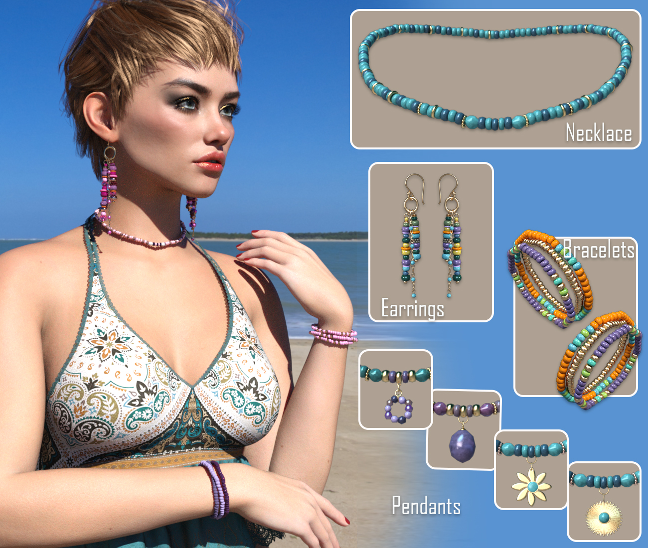 Cocktail Hour: Boho Beads Bundle - Jewelry for Genesis 9 | Daz 3D