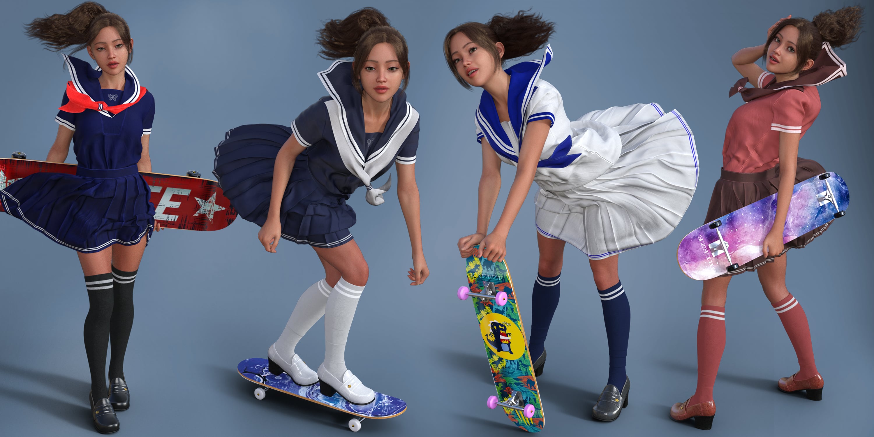 BRZ Skateboard Girl Poses for Genesis 9 | Daz 3D