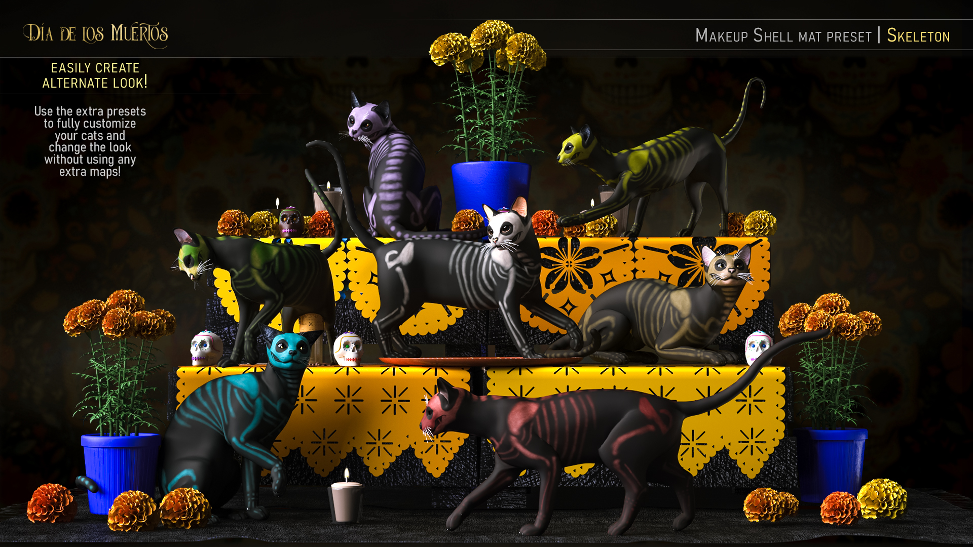 FPE Dia de los Muertos Makeup for Daz House Cat | Daz 3D