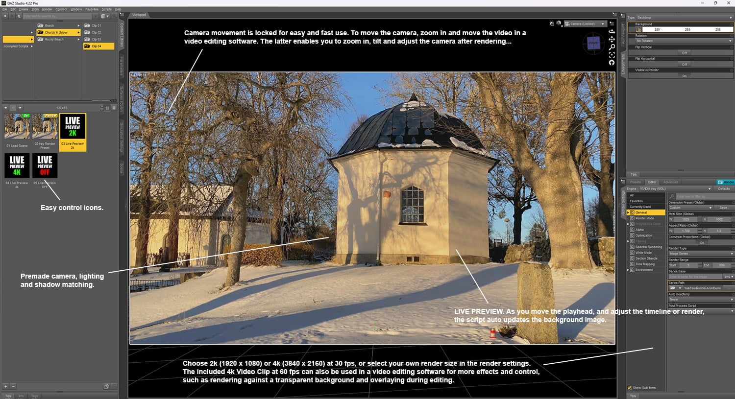 Video Backgrounds - Church In Snow - Clips 1-4 | Daz 3D