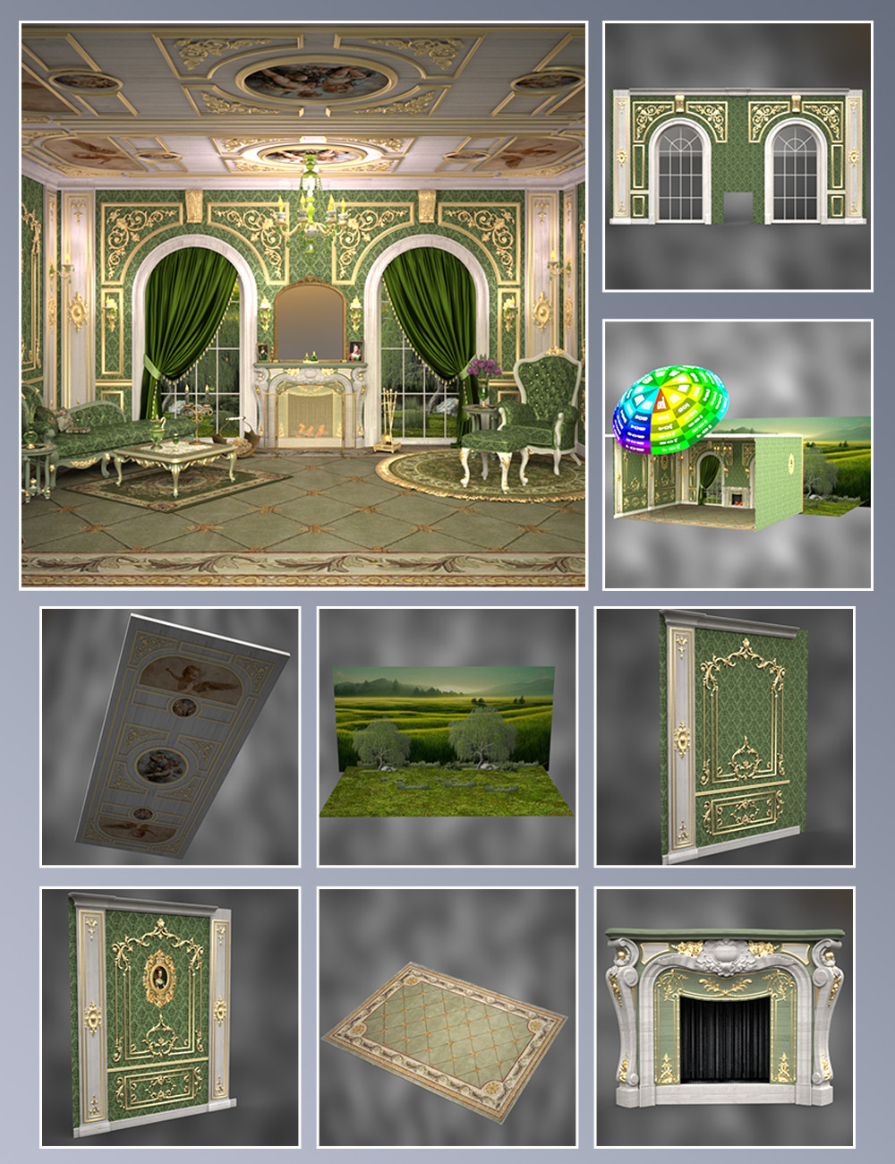 Rococo Room Texture Set Blue, Green and Red | Daz 3D