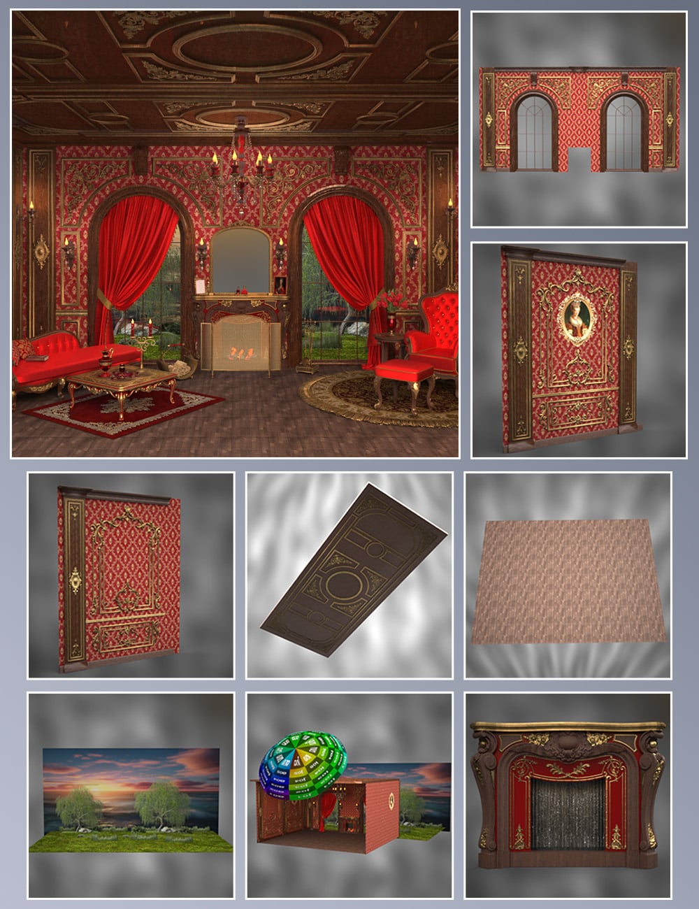 Rococo Room Texture Set Blue, Green and Red | Daz 3D