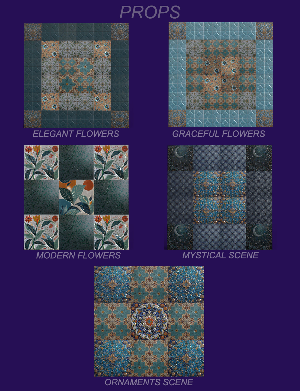 Oriental Tiles Iray Shader and Props Merchant Resource | Daz 3D