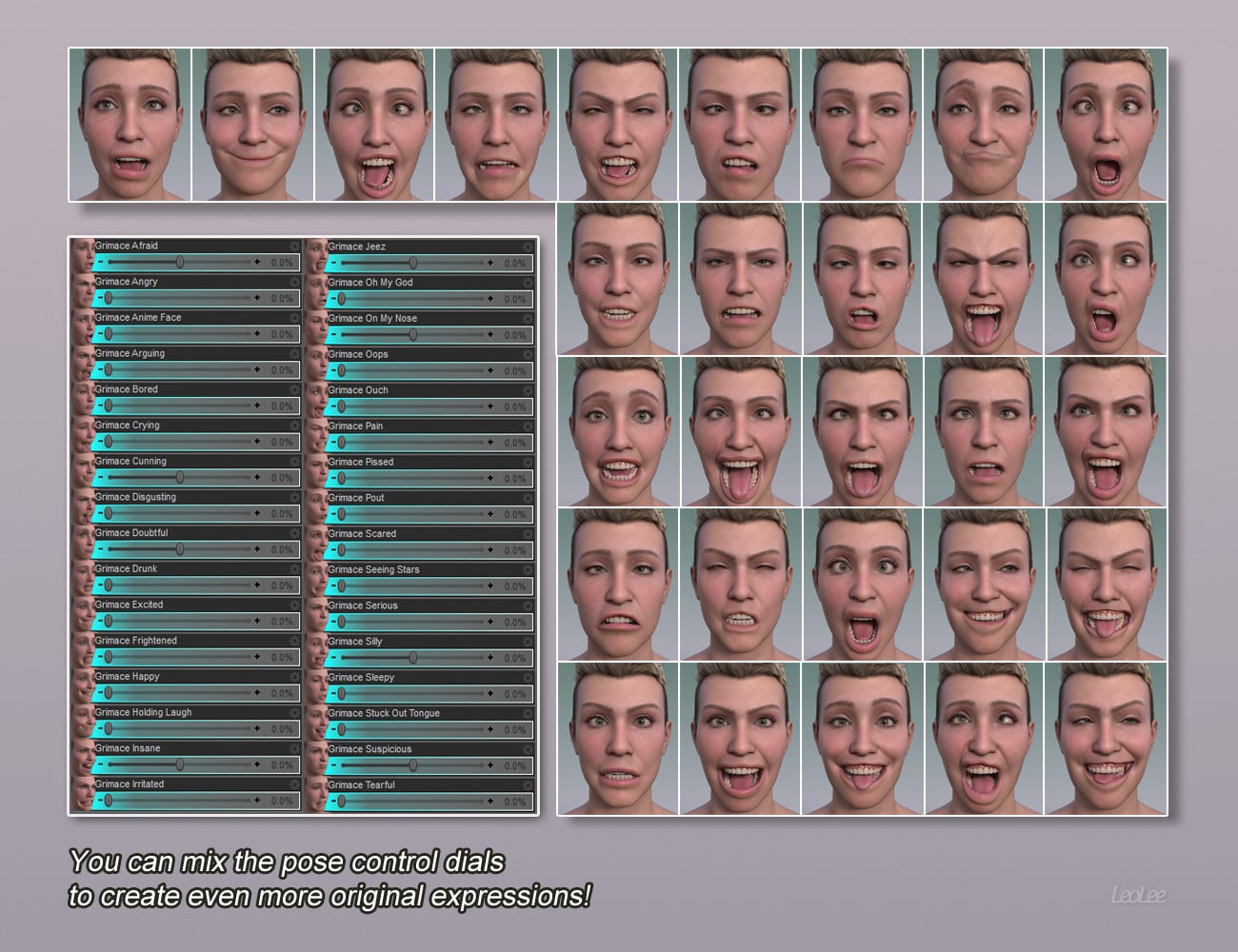 Grimaces - Dialable & One-Click Expressions for Genesis 9 | Daz 3D
