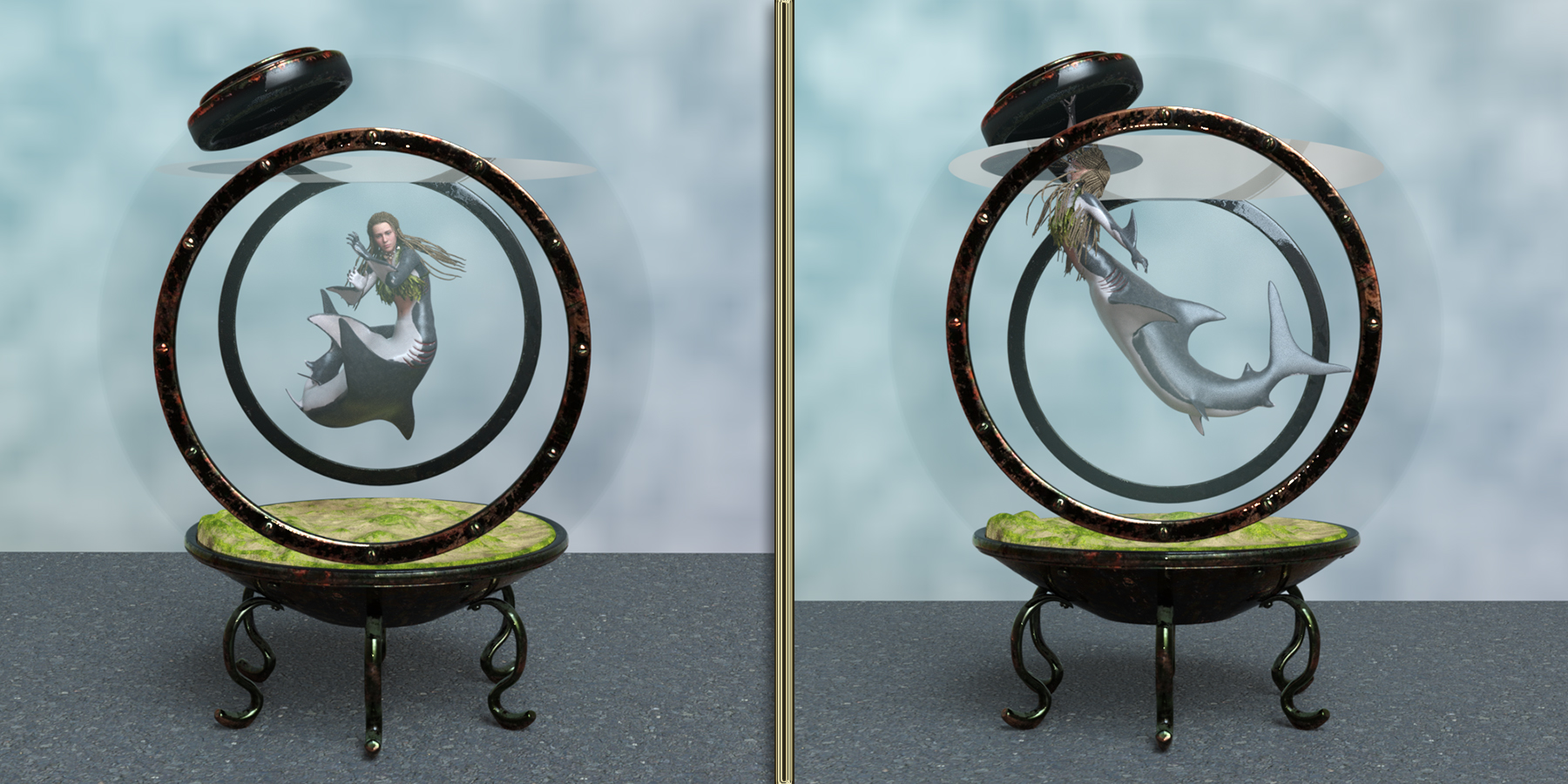 Natens Spherical WaterTank and Poses Genesis 9 and FPE Shark Tail | Daz 3D