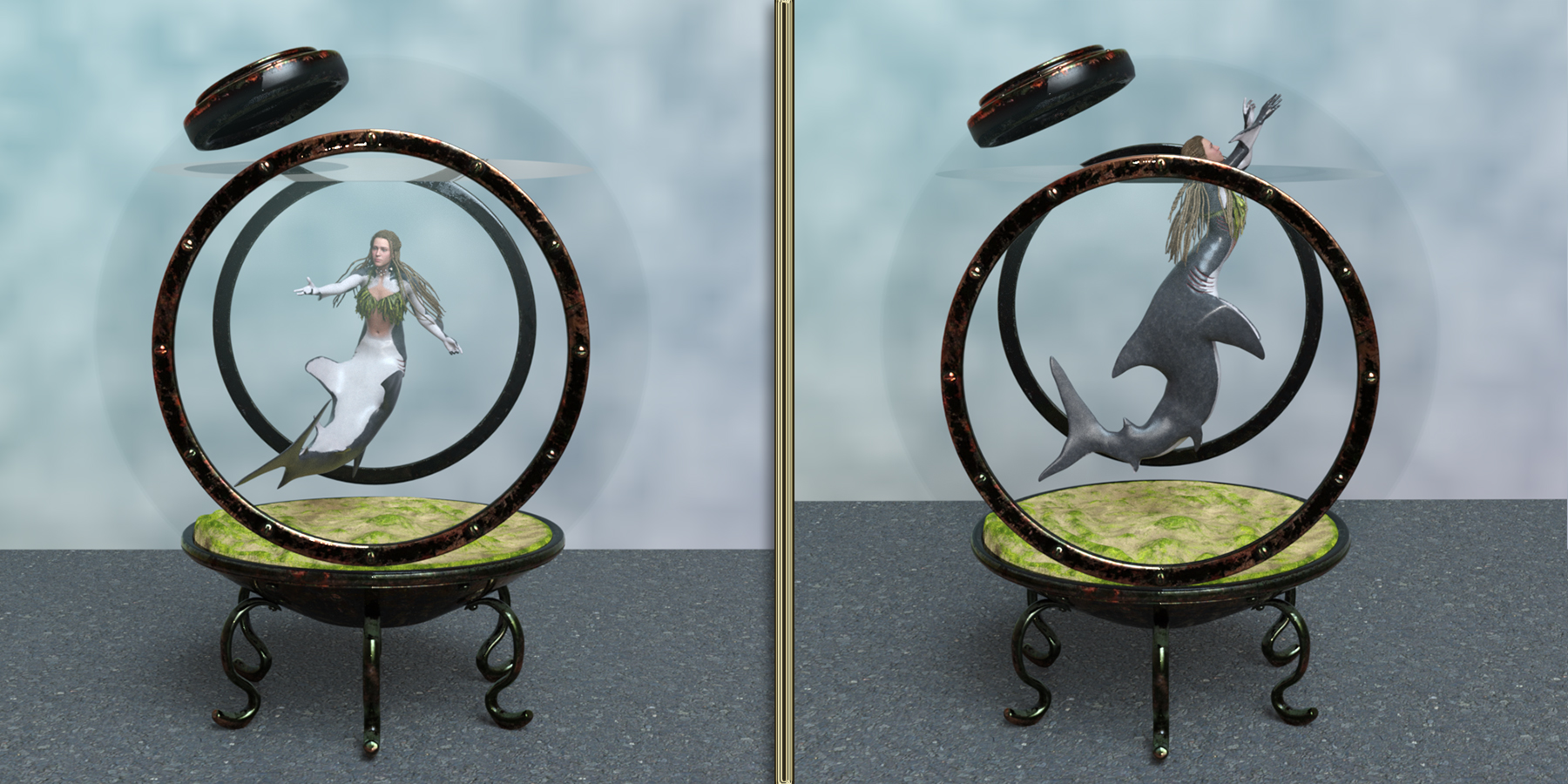 Natens Spherical WaterTank and Poses Genesis 9 and FPE Shark Tail | Daz 3D