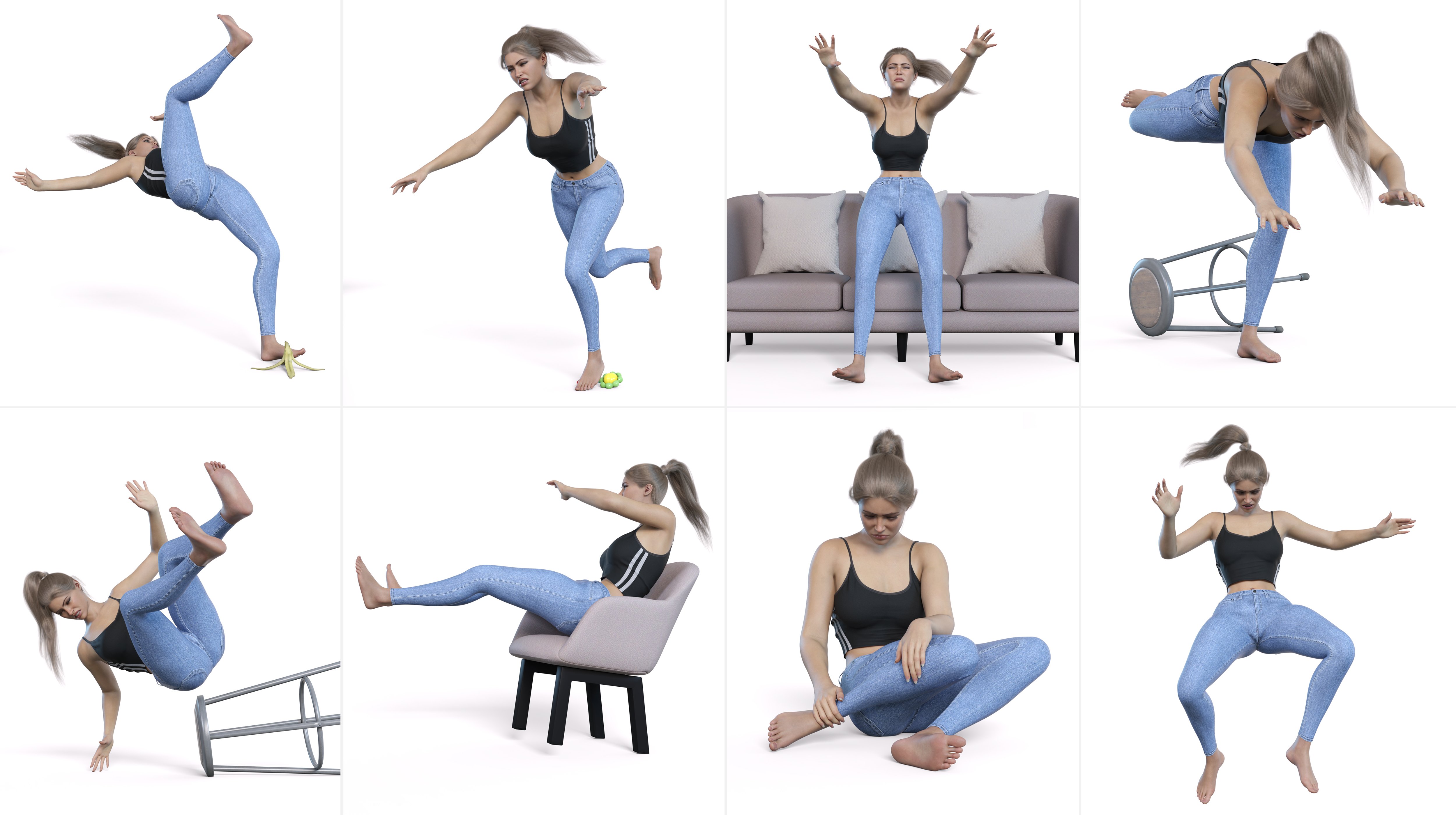 Z Pose Library Falling and Slipping Mega Set for Genesis 9 and 8 Female ...