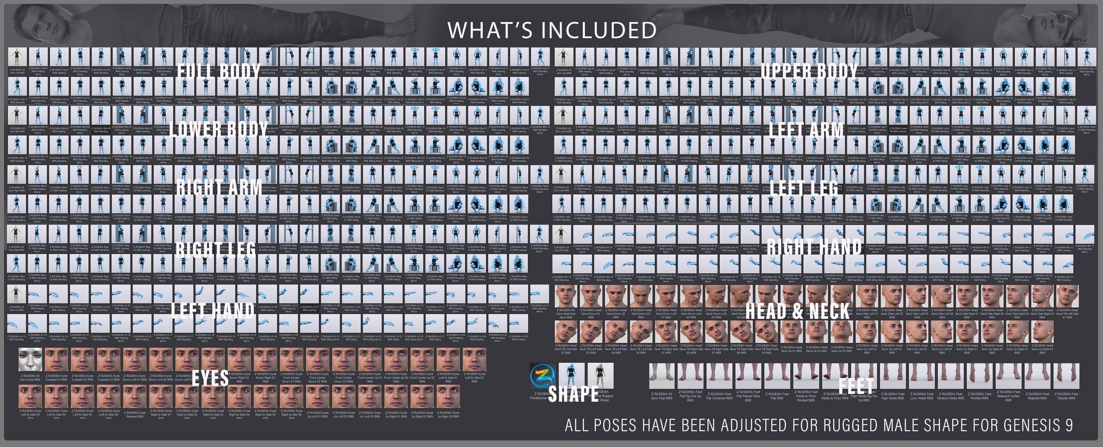 Z Rugged Male Shape and Pose Mega Set for Genesis 9 and 8 Male | Daz 3D