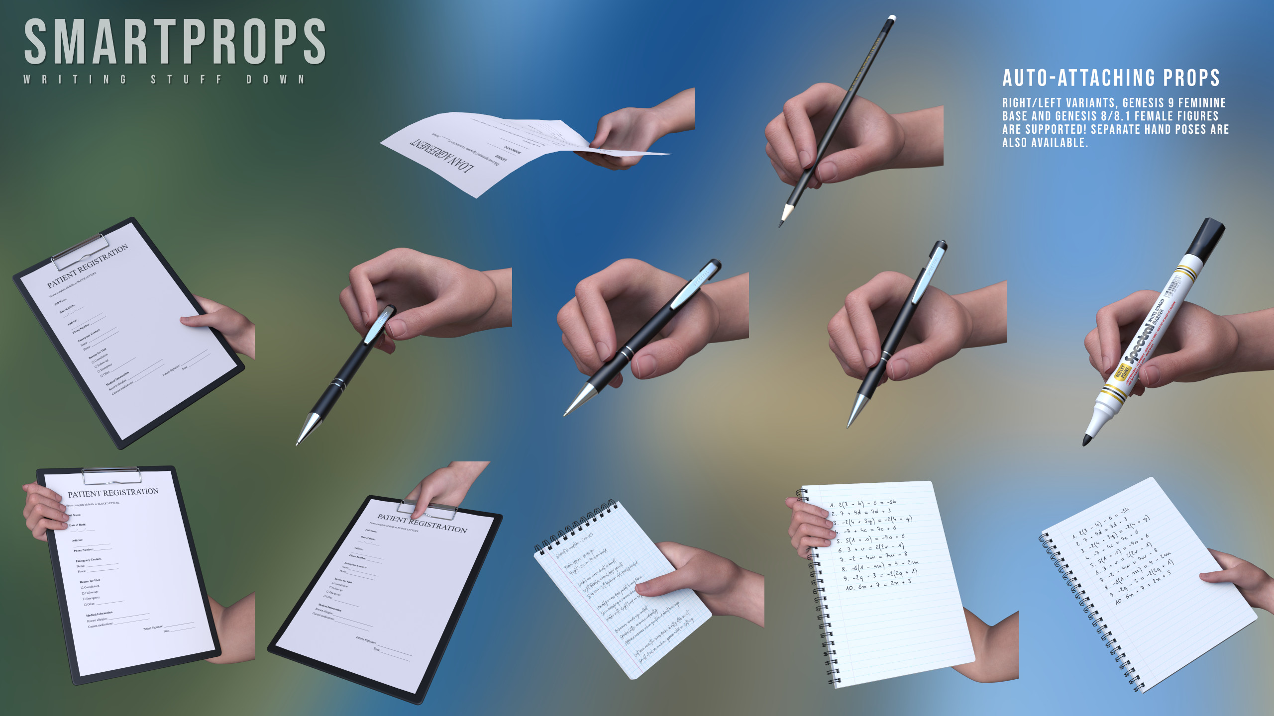Writing Stuff Down - Props and Poses for Genesis 9 and 8 Female | Daz 3D