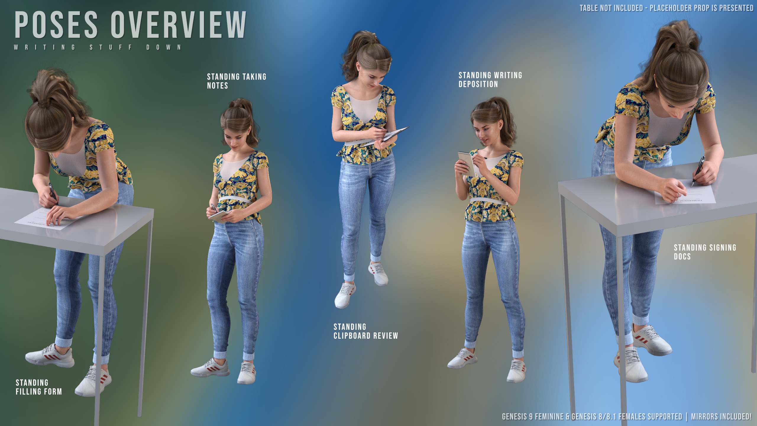Writing Stuff Down - Props and Poses for Genesis 9 and 8 Female | Daz 3D