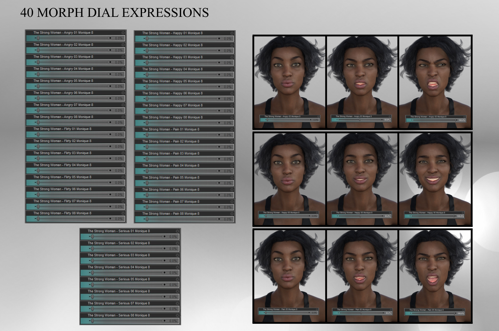 Strong Woman - Expressions for Monique 8 | Daz 3D