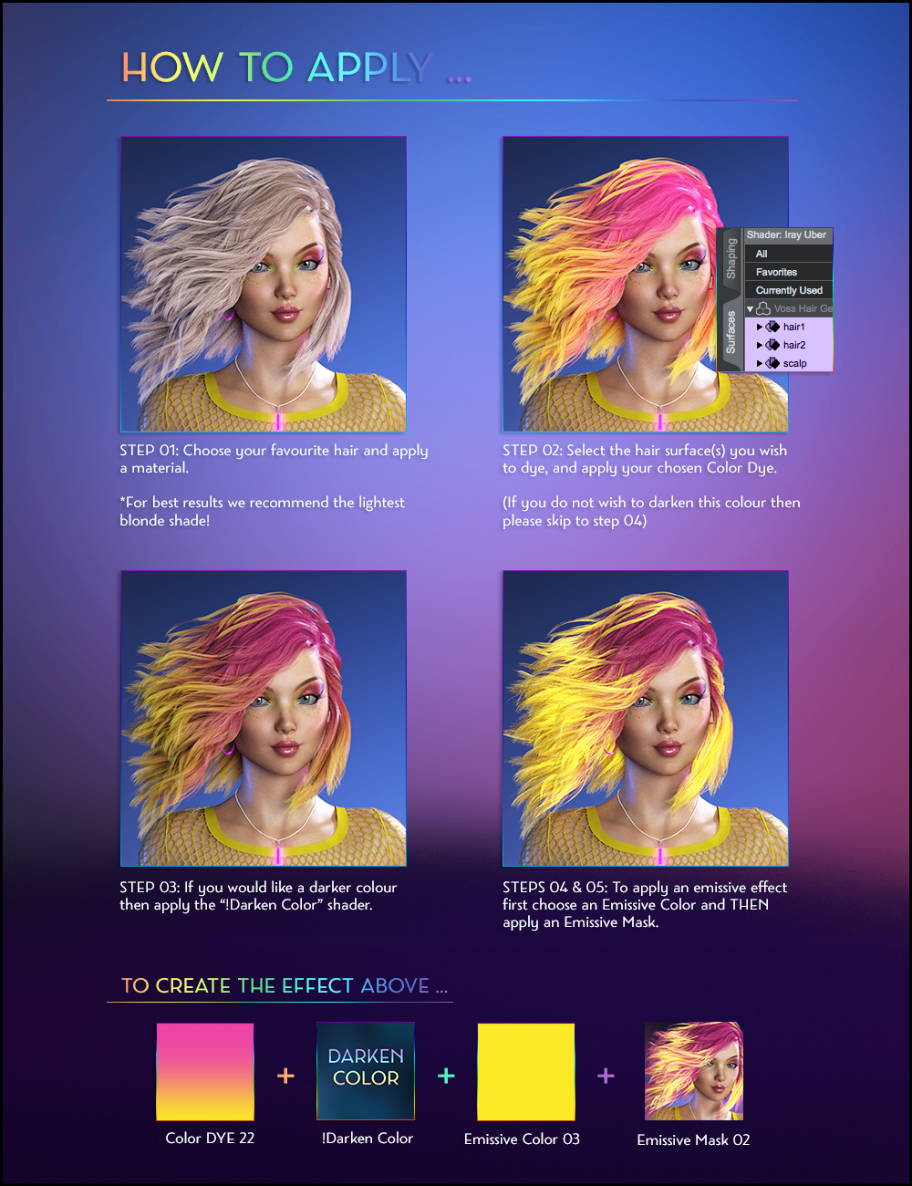 Color Rave Hair Dye and Emissive Shaders | Daz 3D
