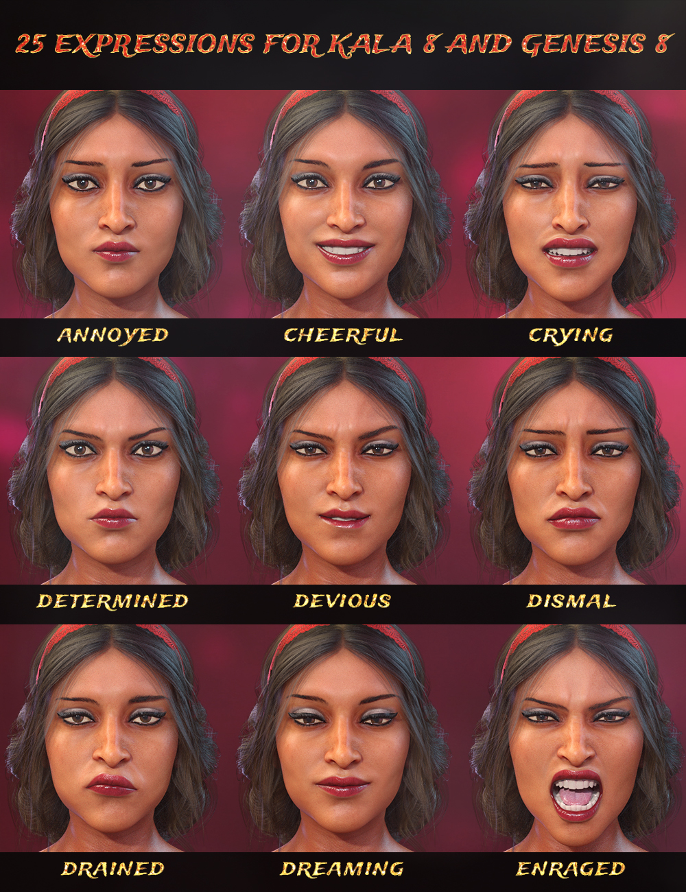 PTF Dramatic Expressions for Kala 8 and Genesis 8 Female(s) | Daz 3D