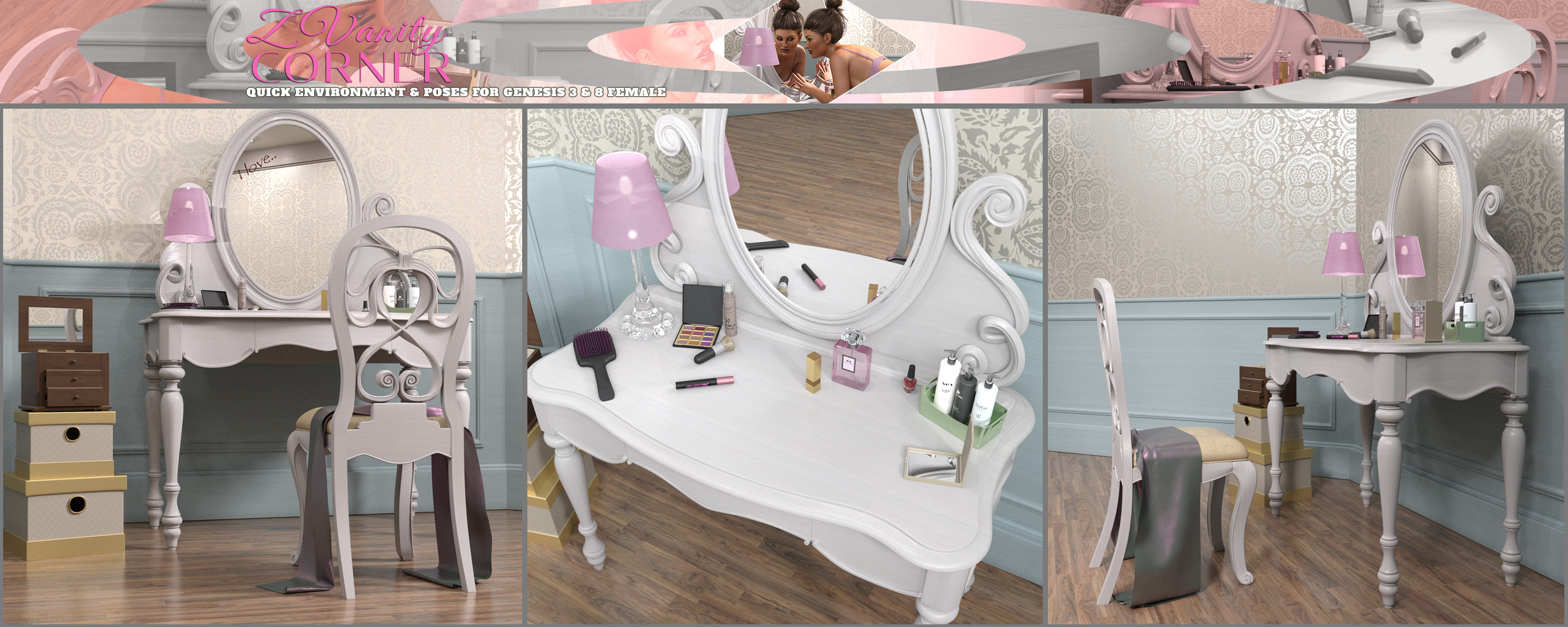 Z Vanity Corner and Poses for Genesis 3 and 8 Female | Daz 3D