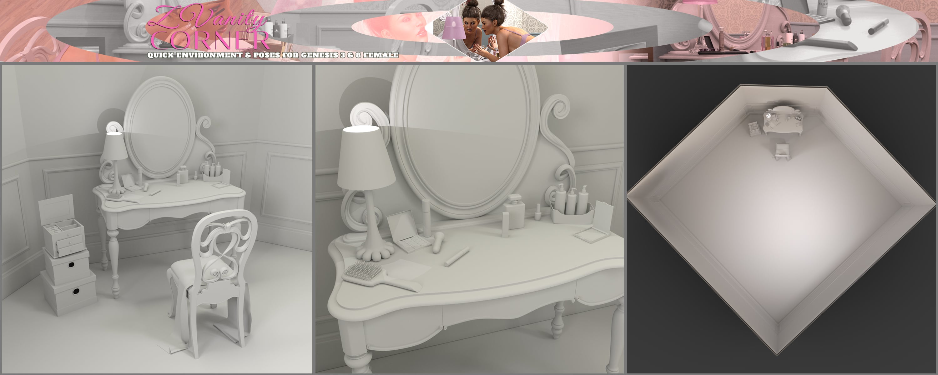 Z Vanity Corner and Poses for Genesis 3 and 8 Female | Daz 3D