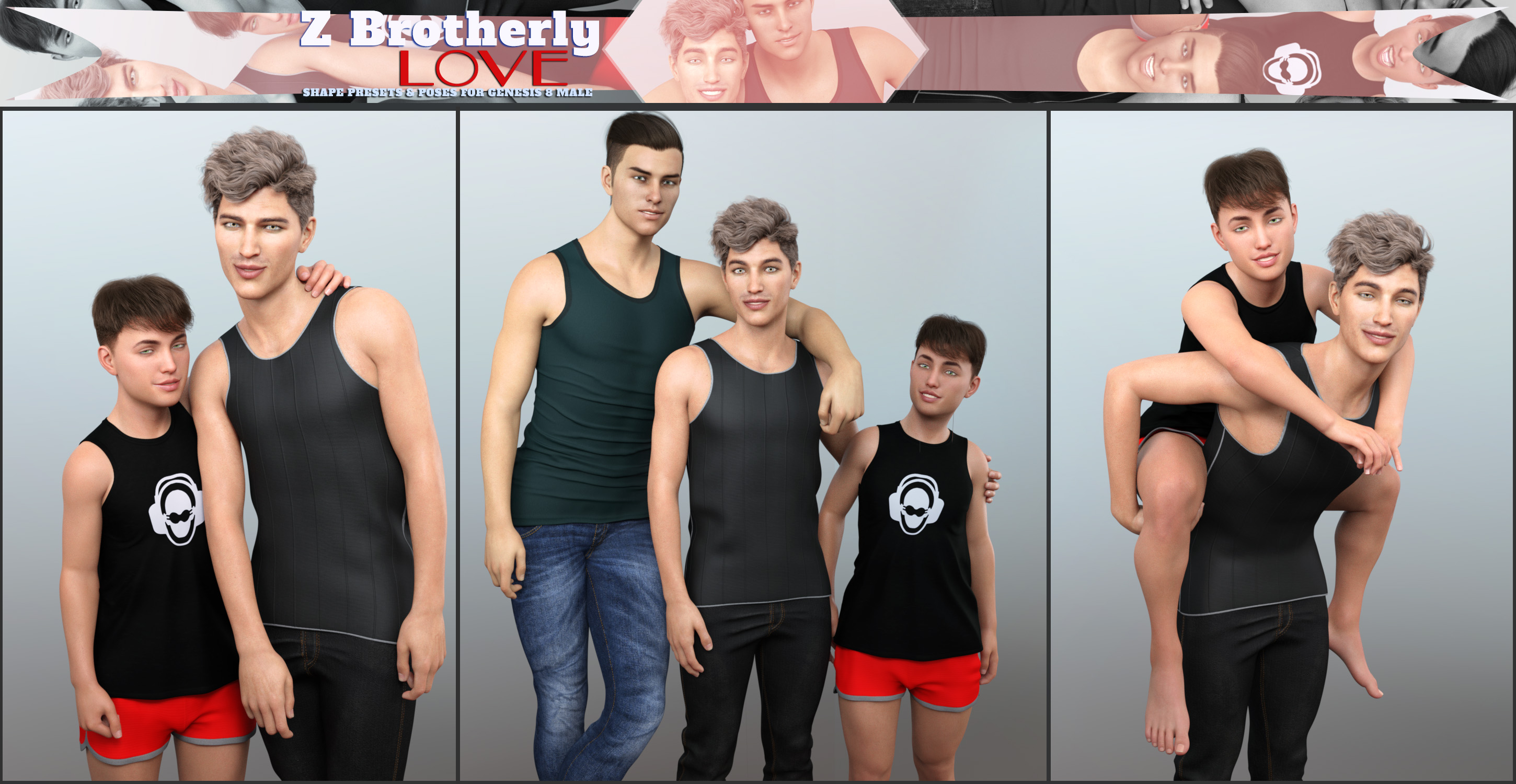 Z Brotherly Love Shape Presets and Poses for Genesis 8 Male | Daz 3D