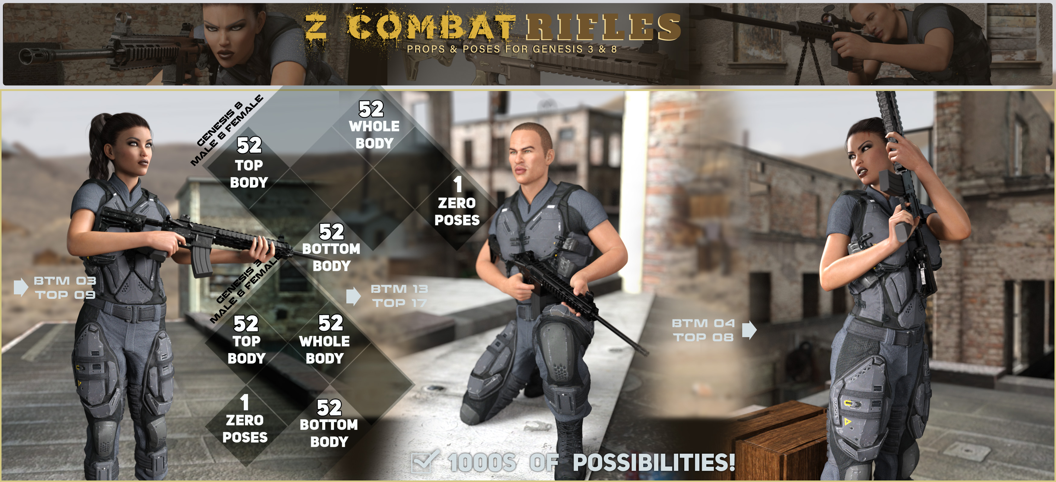 Z Combat Rifles and Poses for Genesis 3 and 8 | Daz 3D