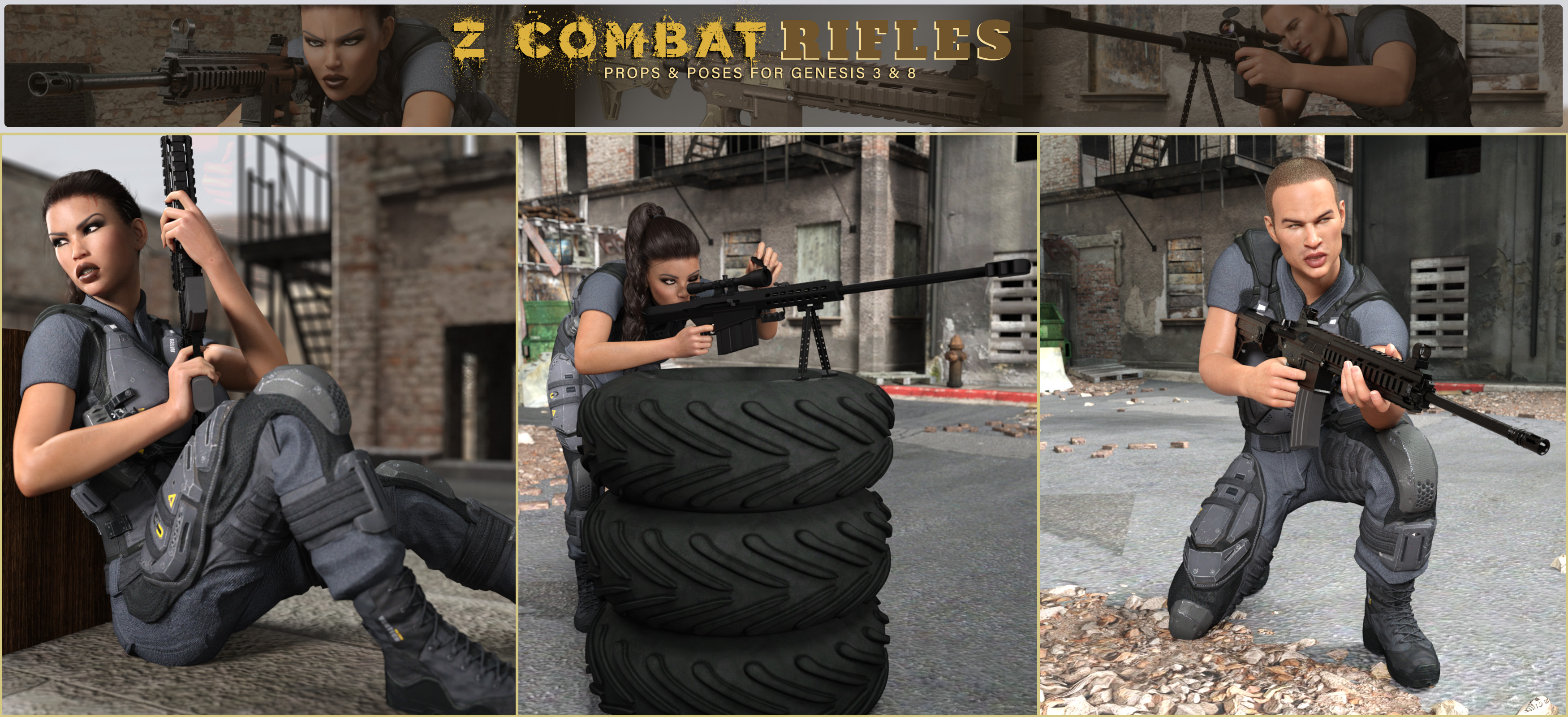 Z Combat Rifles and Poses for Genesis 3 and 8 | Daz 3D