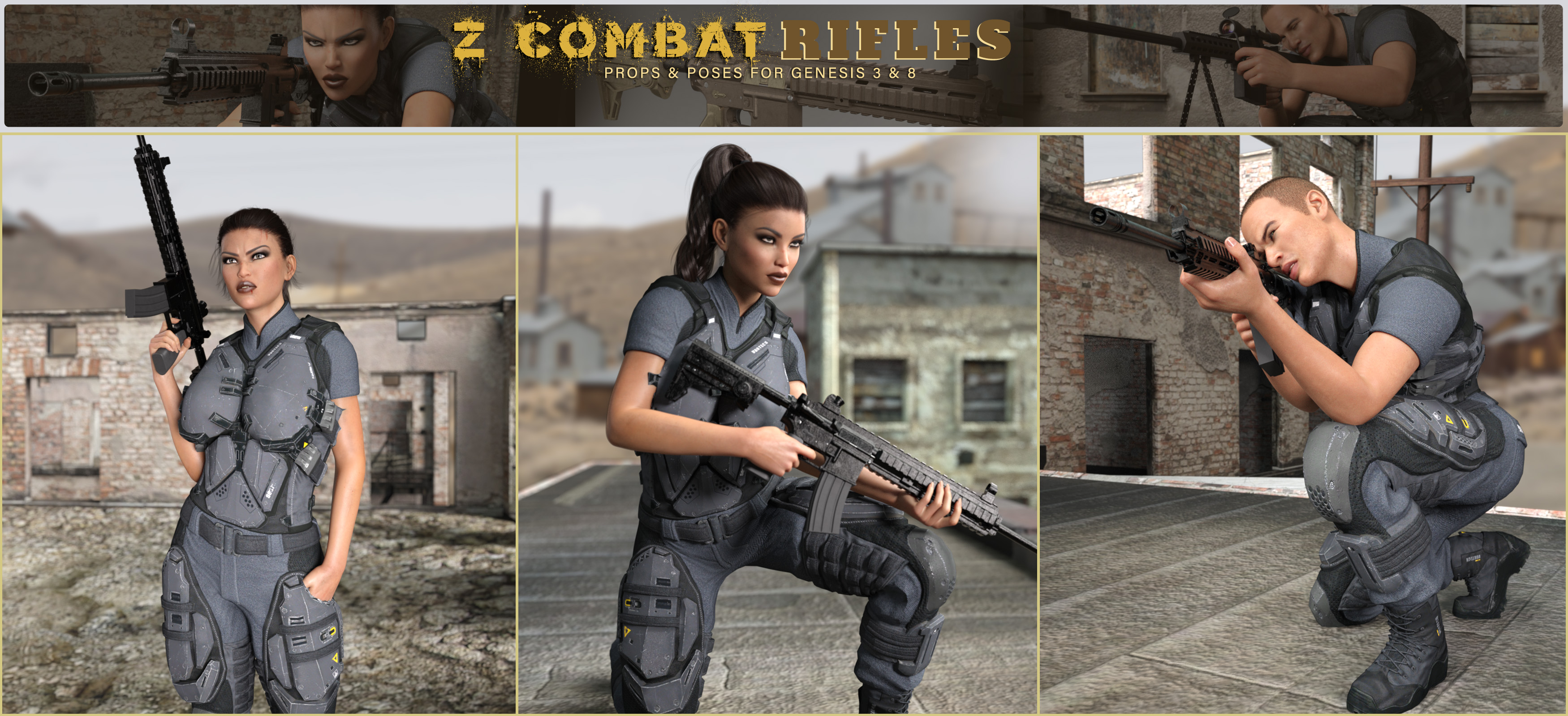 Z Combat Rifles and Poses for Genesis 3 and 8 | Daz 3D