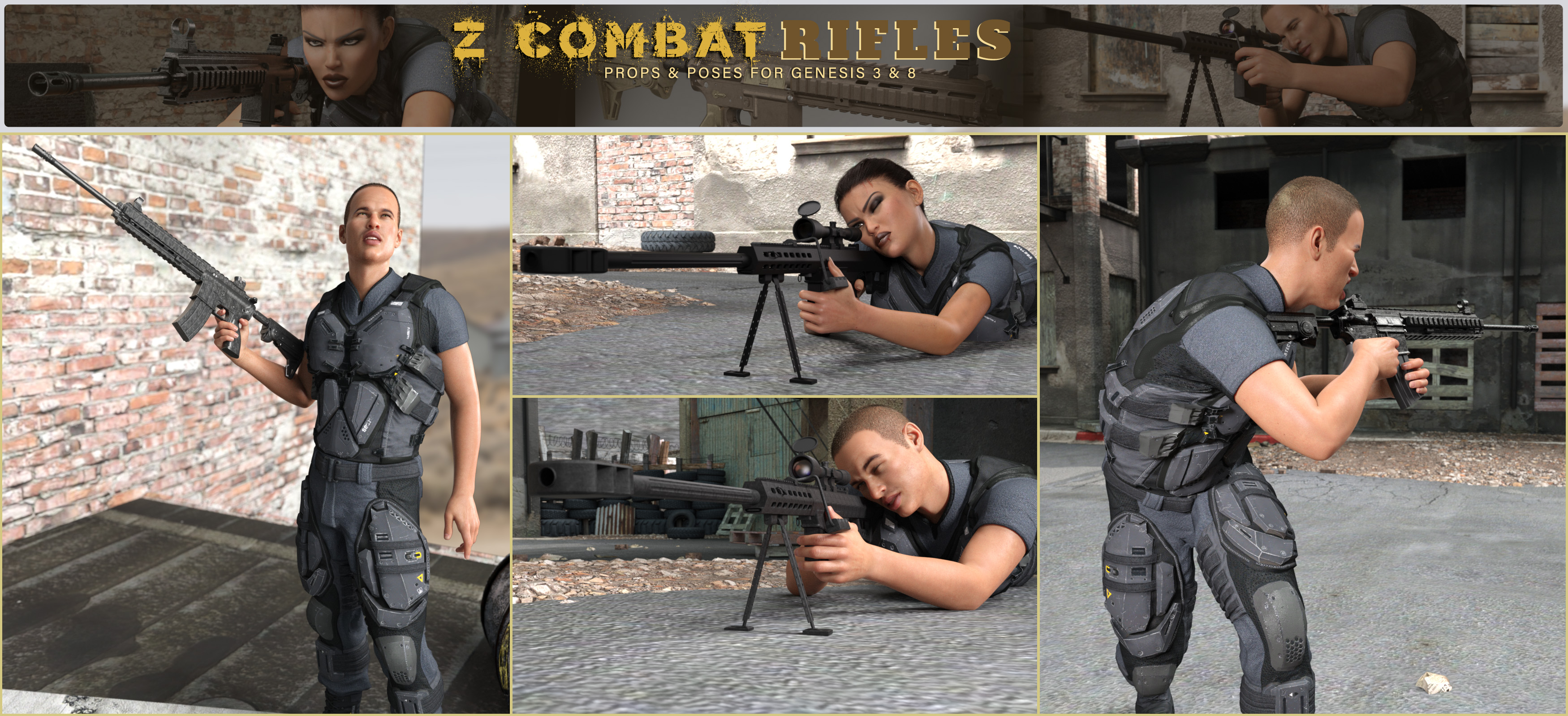 Z Combat Rifles and Poses for Genesis 3 and 8 | Daz 3D