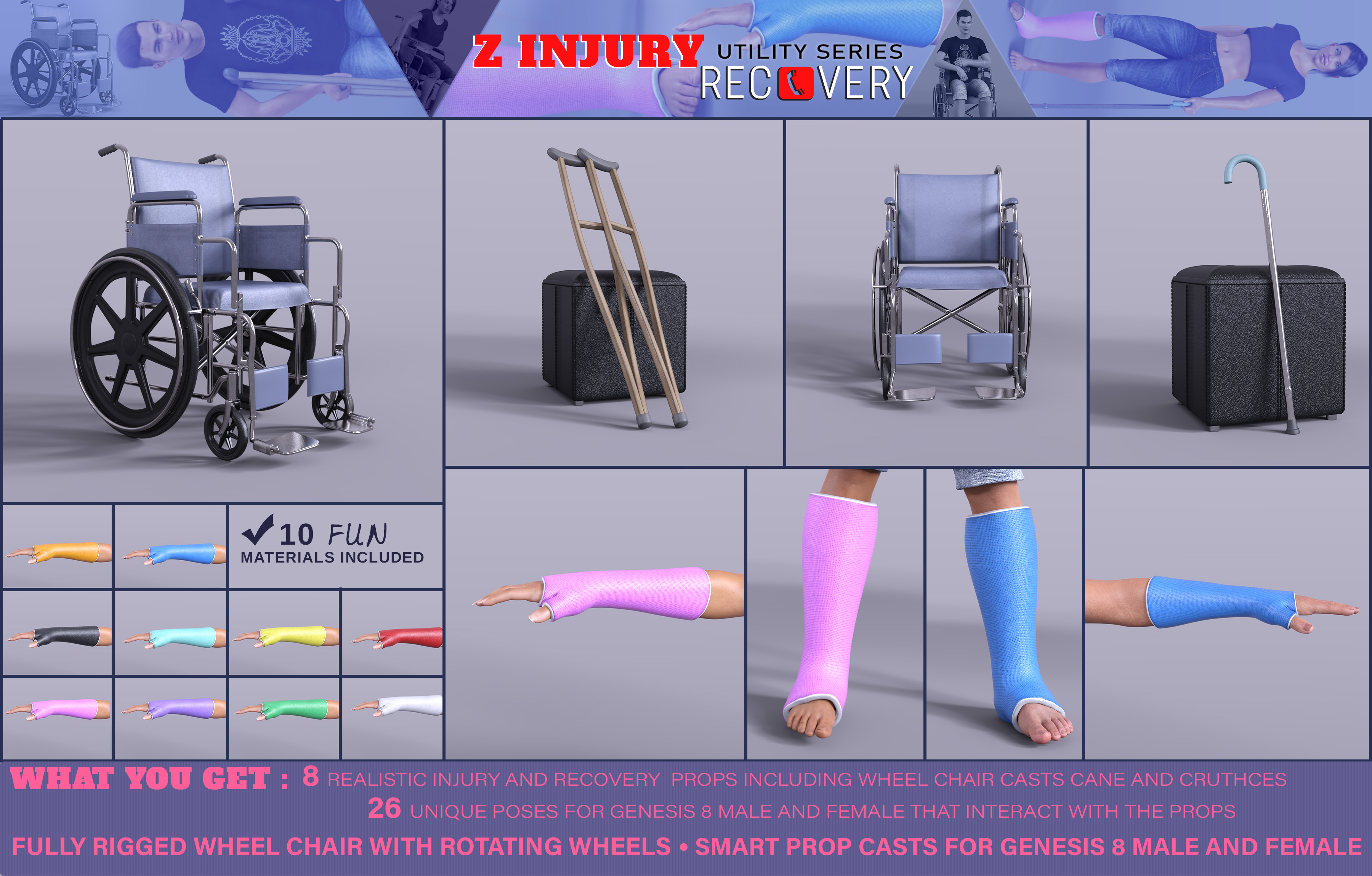 Z Injury Recovery Props and Poses for Genesis 8 | Daz 3D