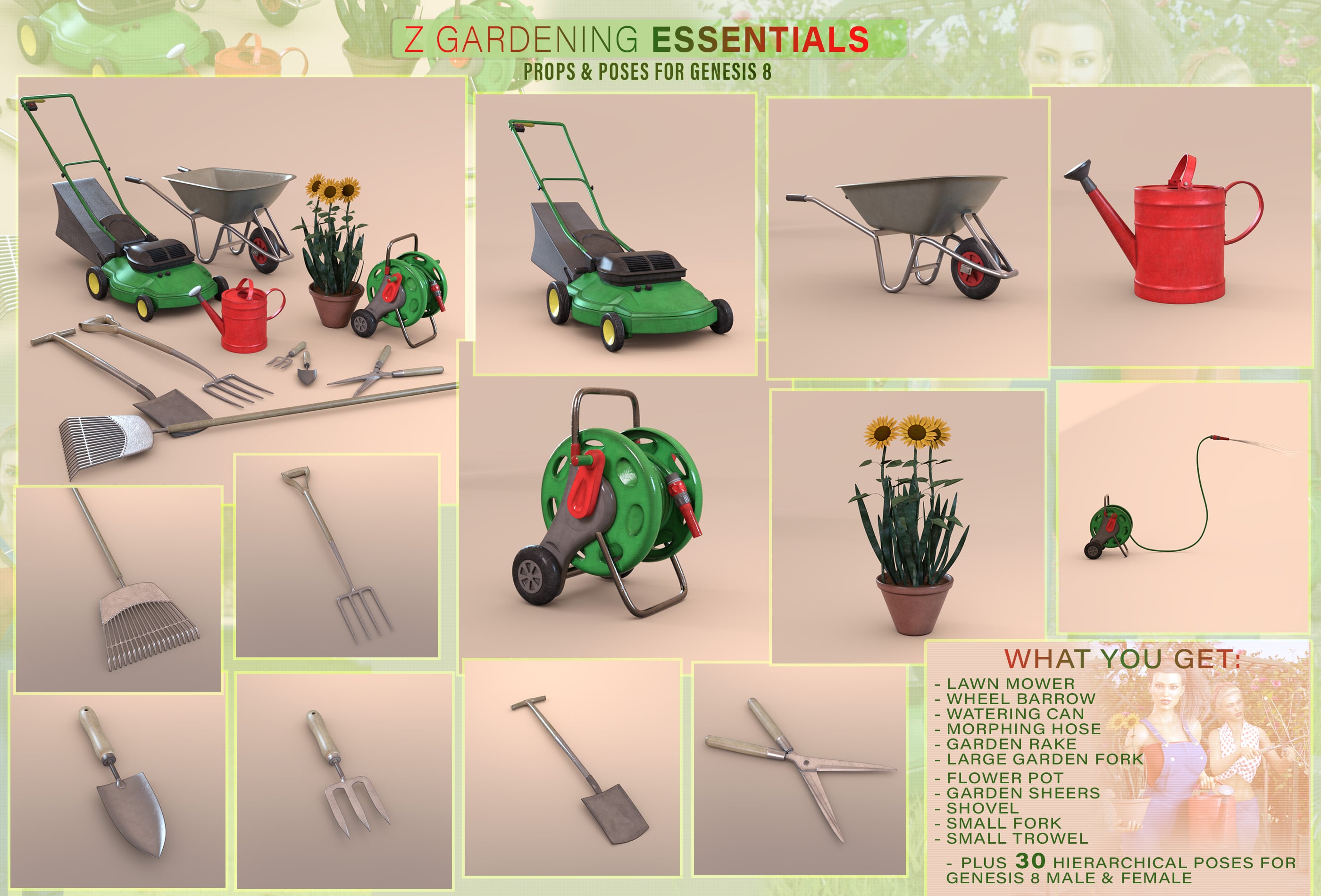 Z Gardening Essentials Props and Poses for Genesis 8 | Daz 3D