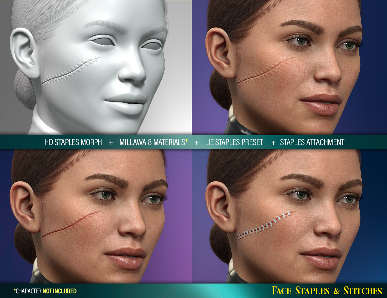 HD Face Staples and Stitches for Genesis 8 Females | Daz 3D