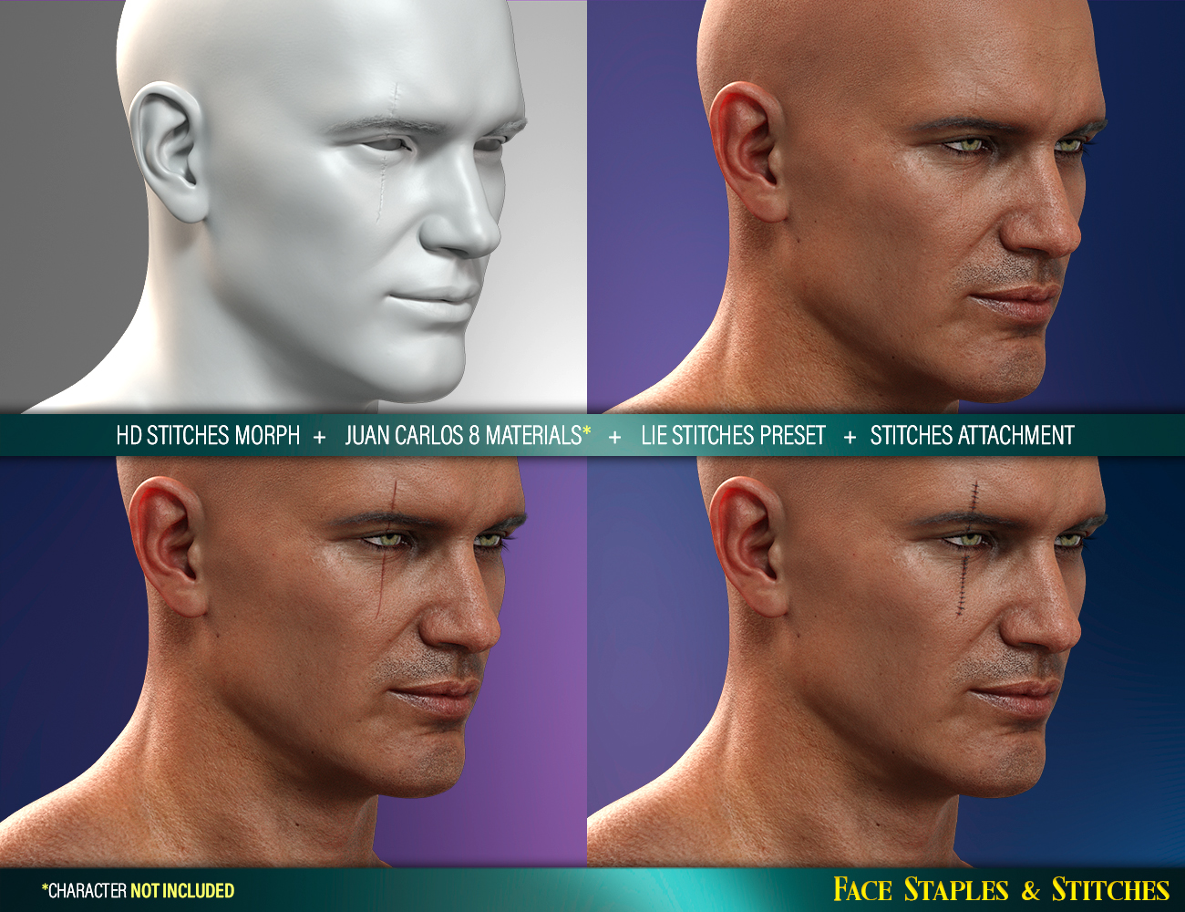 HD Face Staples and Stitches for Genesis 8 Males | Daz 3D