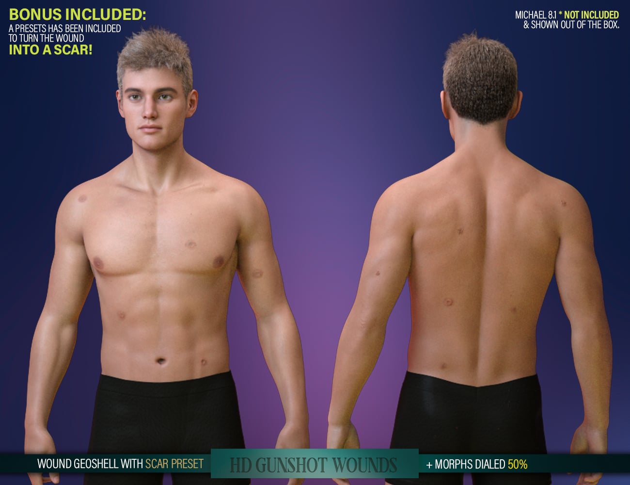 HD Gunshot Wounds for Genesis 8 and 8.1 Males | Daz 3D
