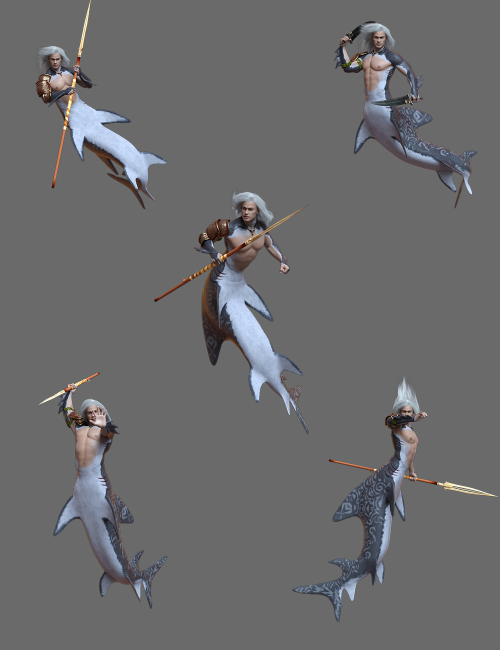 Scarred Hierarchical Poses for Genesis 8 Male and FPE Shark Tail | Daz 3D