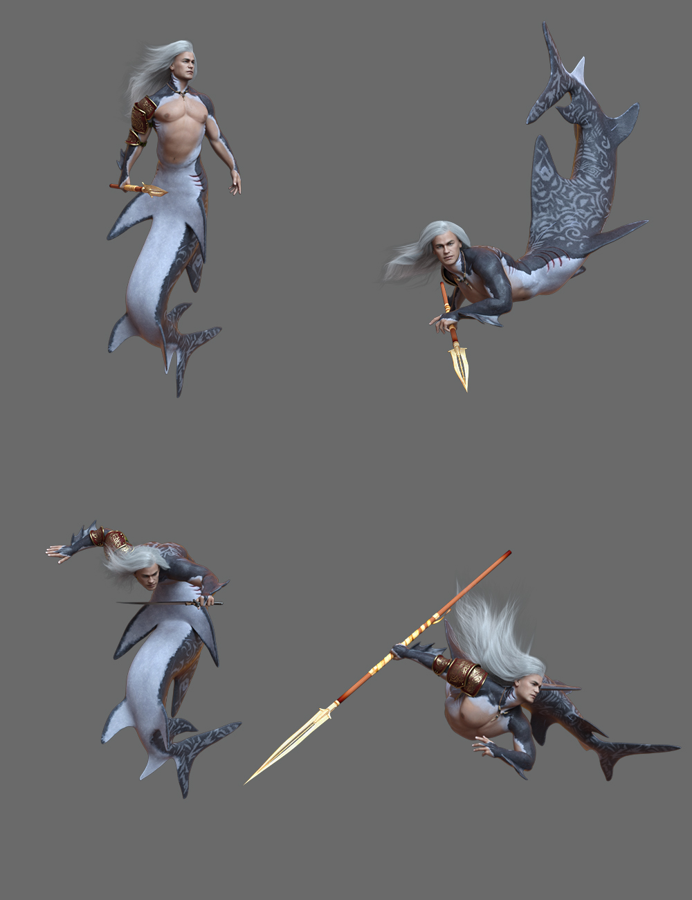 Scarred Hierarchical Poses for Genesis 8 Male and FPE Shark Tail | Daz 3D