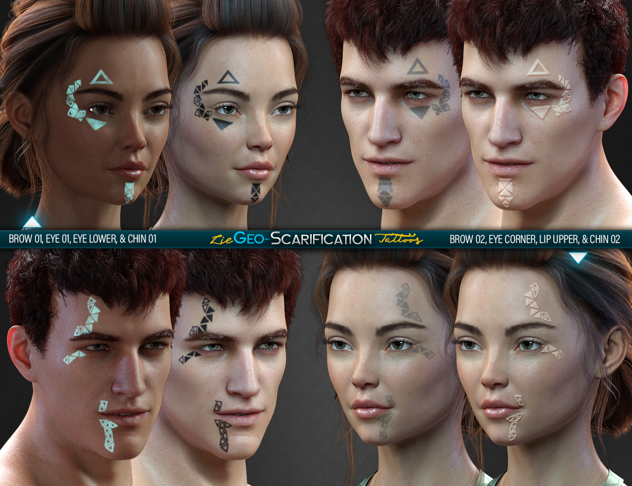 LIE Geo Scarification Face Tattoos for Genesis 8 | Daz 3D