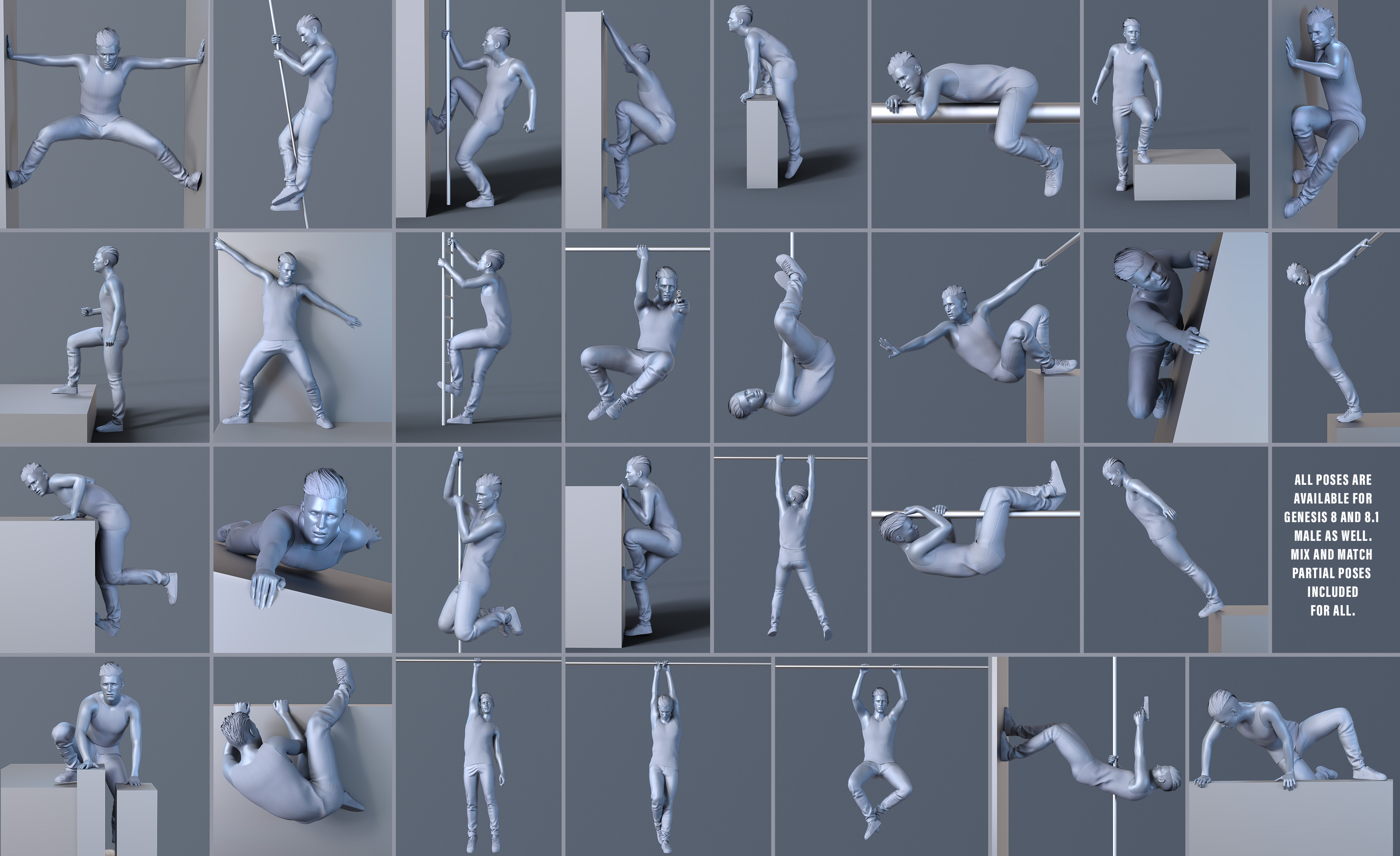 Z Hanging and Climbing Utility Pose Mega Set for Genesis 8 and 8.1 | Daz 3D
