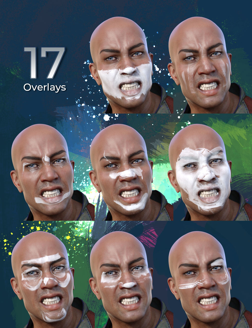 Brush Strokes Photoshop Brushes and Genesis 8 Male Face Overlays | Daz 3D