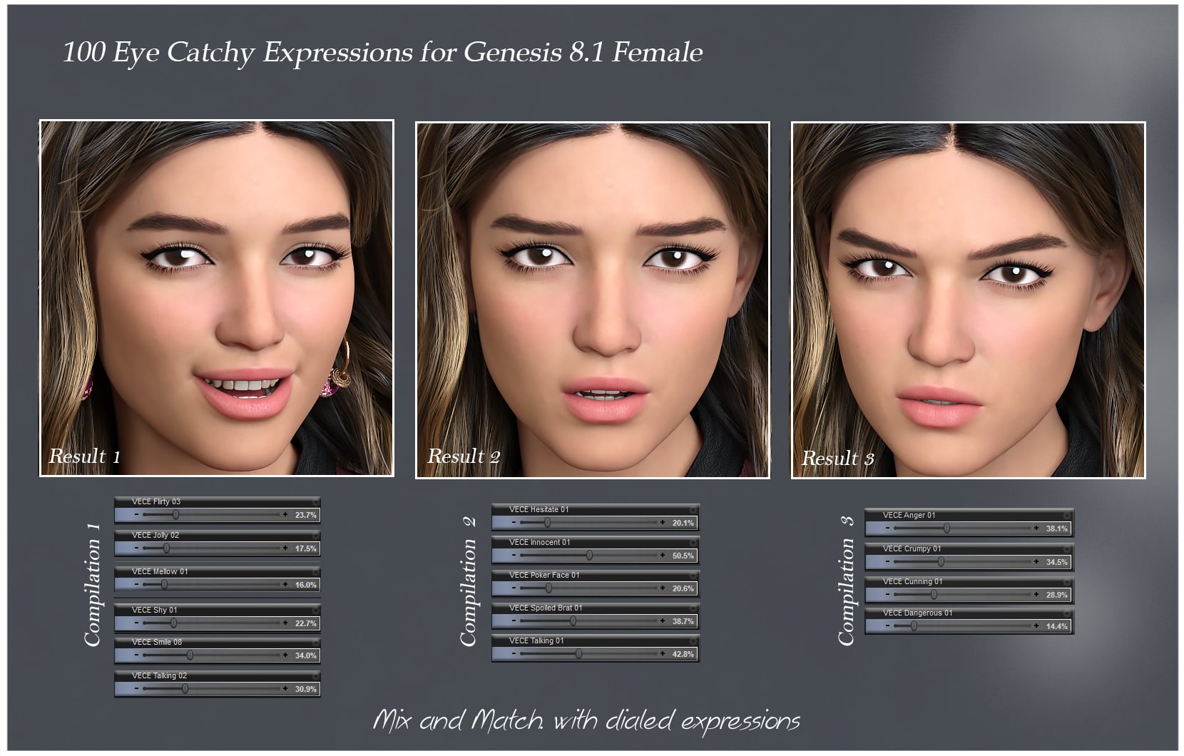 V 100 Eye Catchy Expressions for Genesis 8.1 Females | Daz 3D