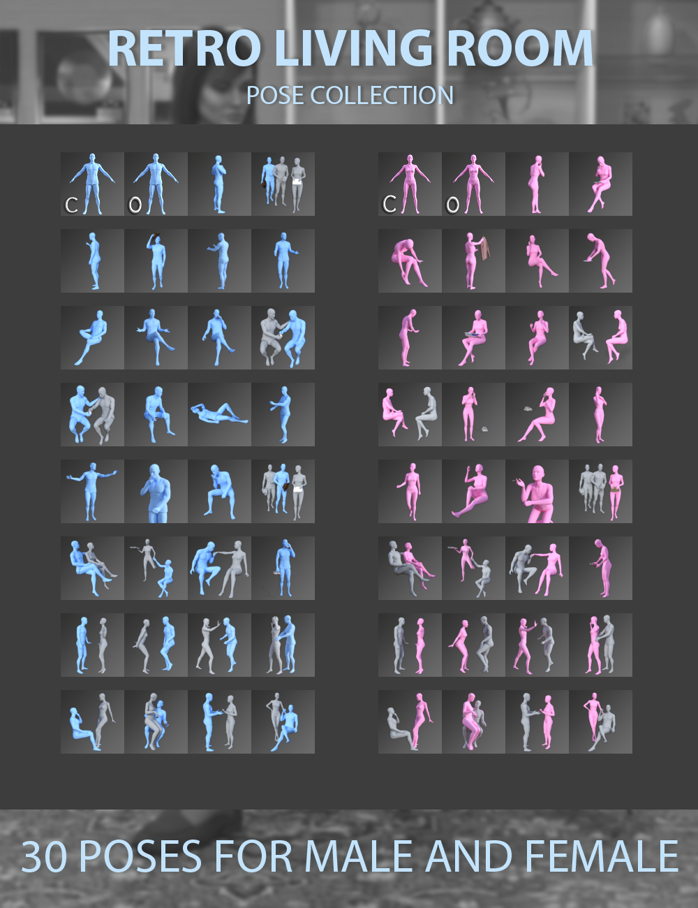 Poses for Retro Living Room for Jacqueline 8.1 and Michael 8.1 | Daz 3D