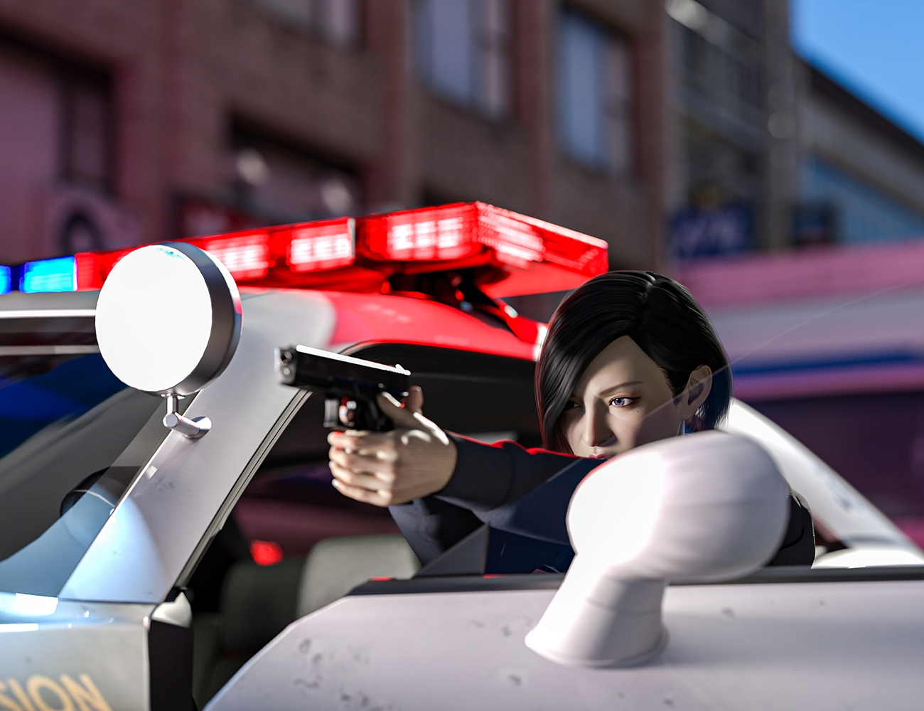 Modern Handgun Poses on Metro Police Car for Genesis 8 and 9 | Daz 3D