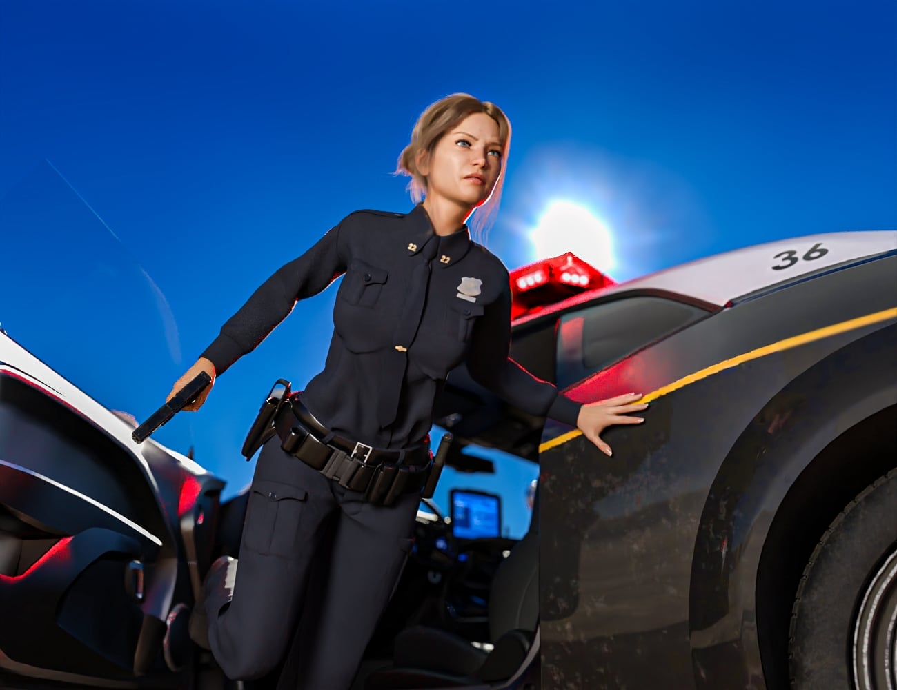 Modern Handgun Poses on Metro Police Car for Genesis 8 and 9 | Daz 3D