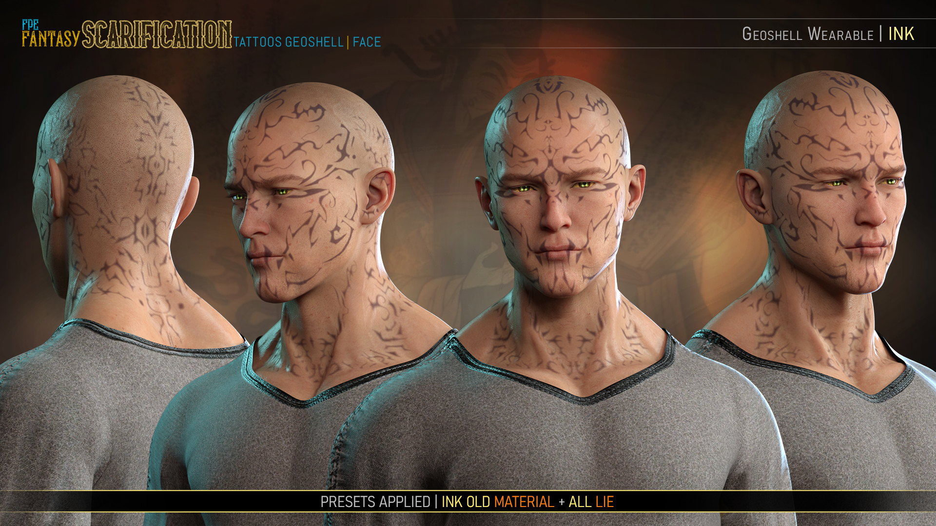 FPE Fantasy Scarification Face Tattoos Geoshell for Genesis 8.1 Males ...