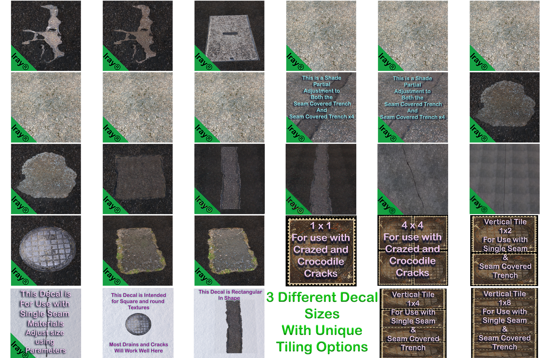 Road Features, Stains, Cracks, and Seams Decals | Daz 3D
