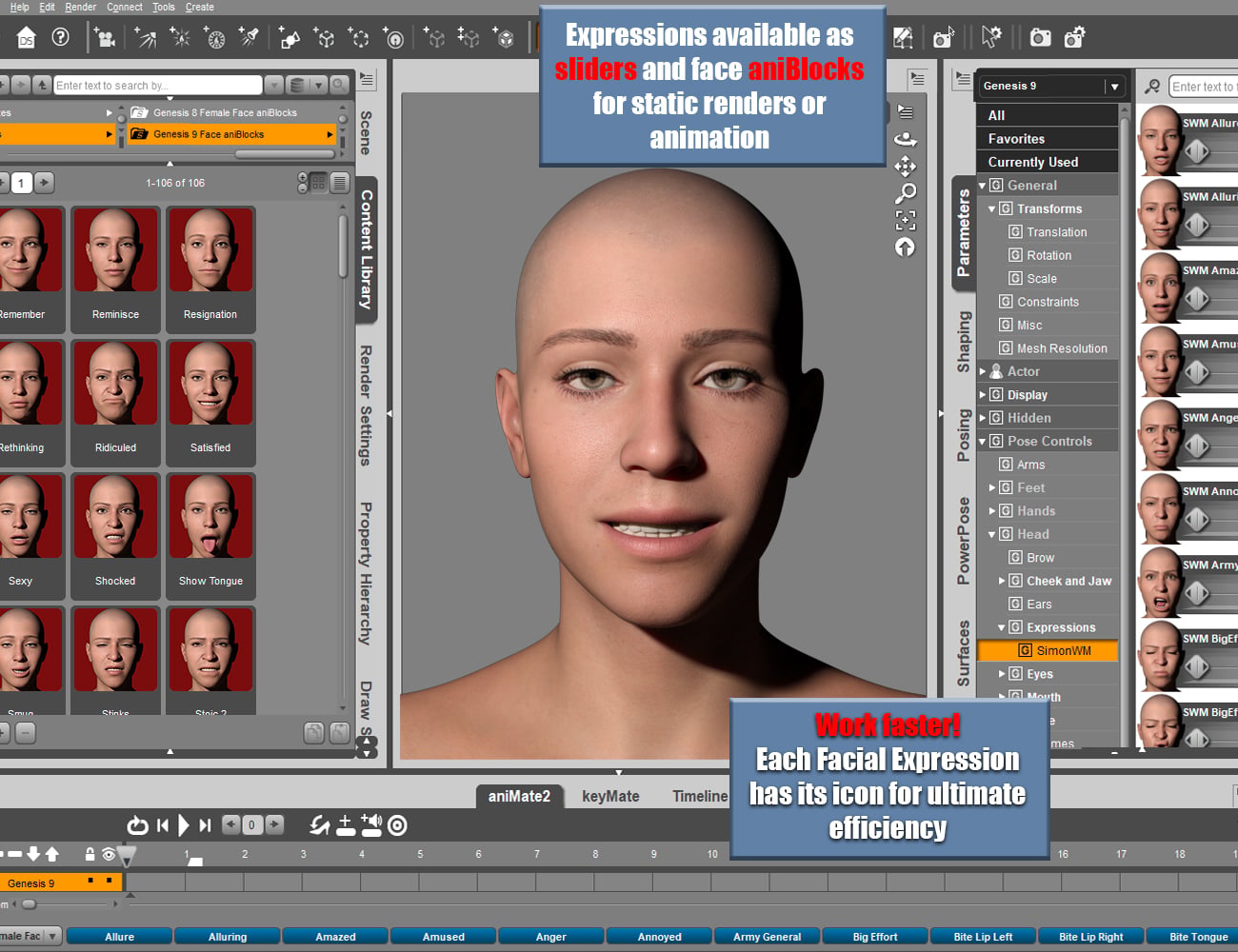Expressions and Face aniBlocks for Genesis 9 | Daz 3D