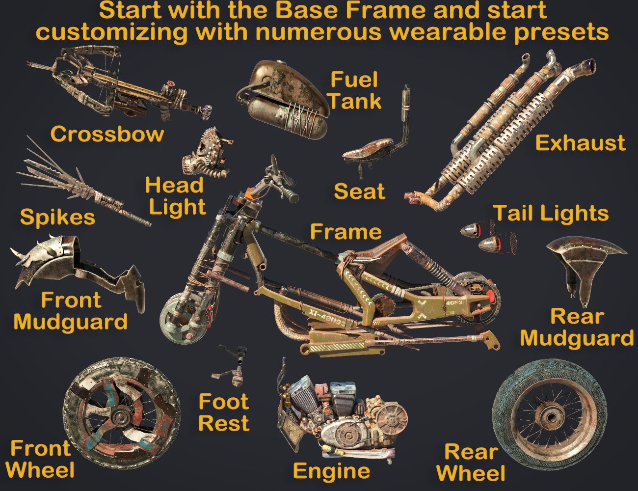 XI Modular Post Apocalyptic Motorcycle Bundle | Daz 3D