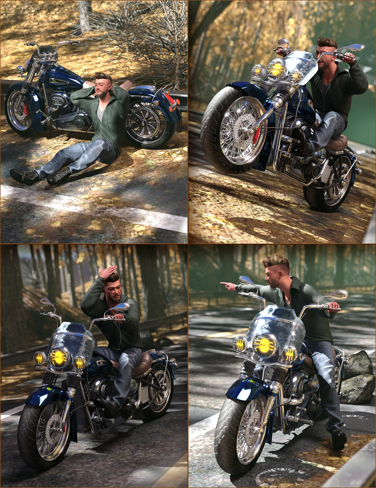 Rogue Rider Poses for Dark Classic Motorcycle and Genesis 9 | Daz 3D