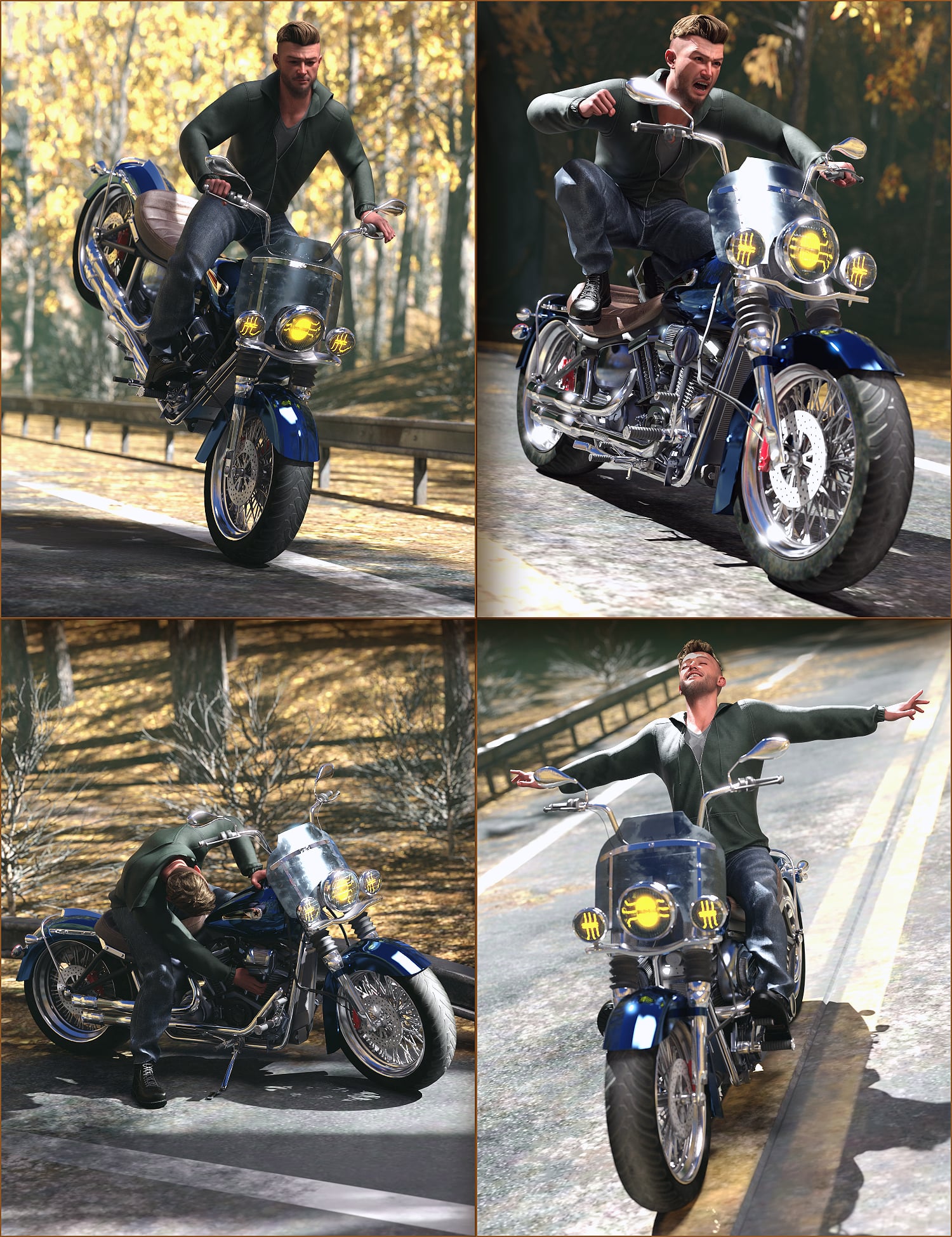 Rogue Rider Poses for Dark Classic Motorcycle and Genesis 9 | Daz 3D