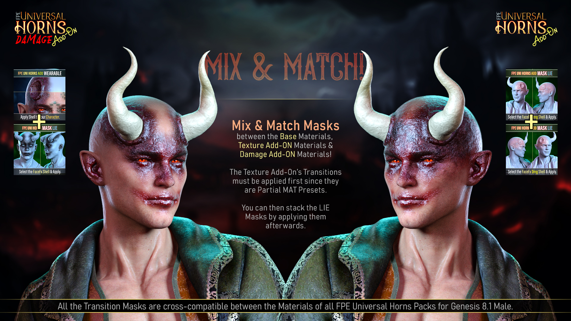 FPE Universal Horns Add-On Damage for Genesis 8.1 Male | Daz 3D