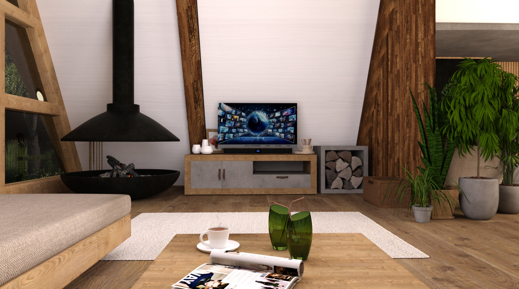 Scandinavian Style A-Frame House AddOn: Living Room | Daz 3D