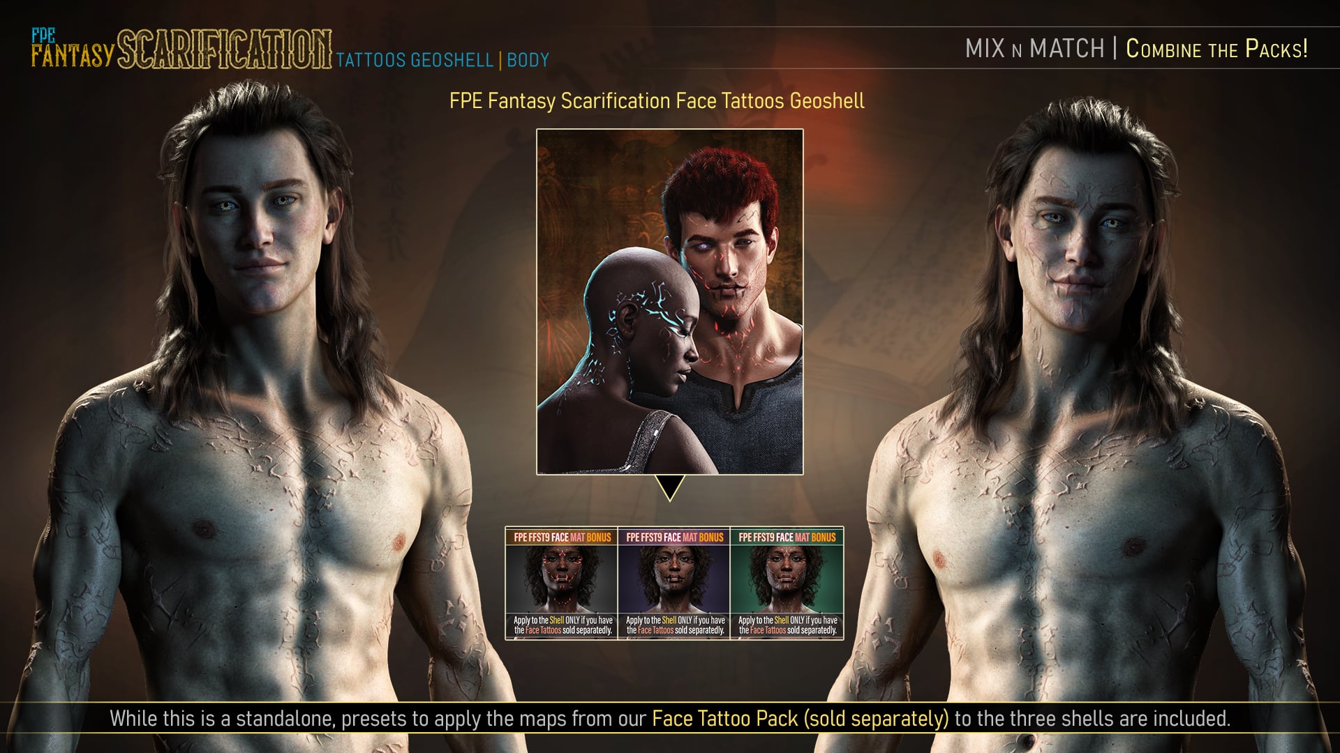 FPE Fantasy Scarification Body Tattoos Geoshell for Genesis 9 | Daz 3D